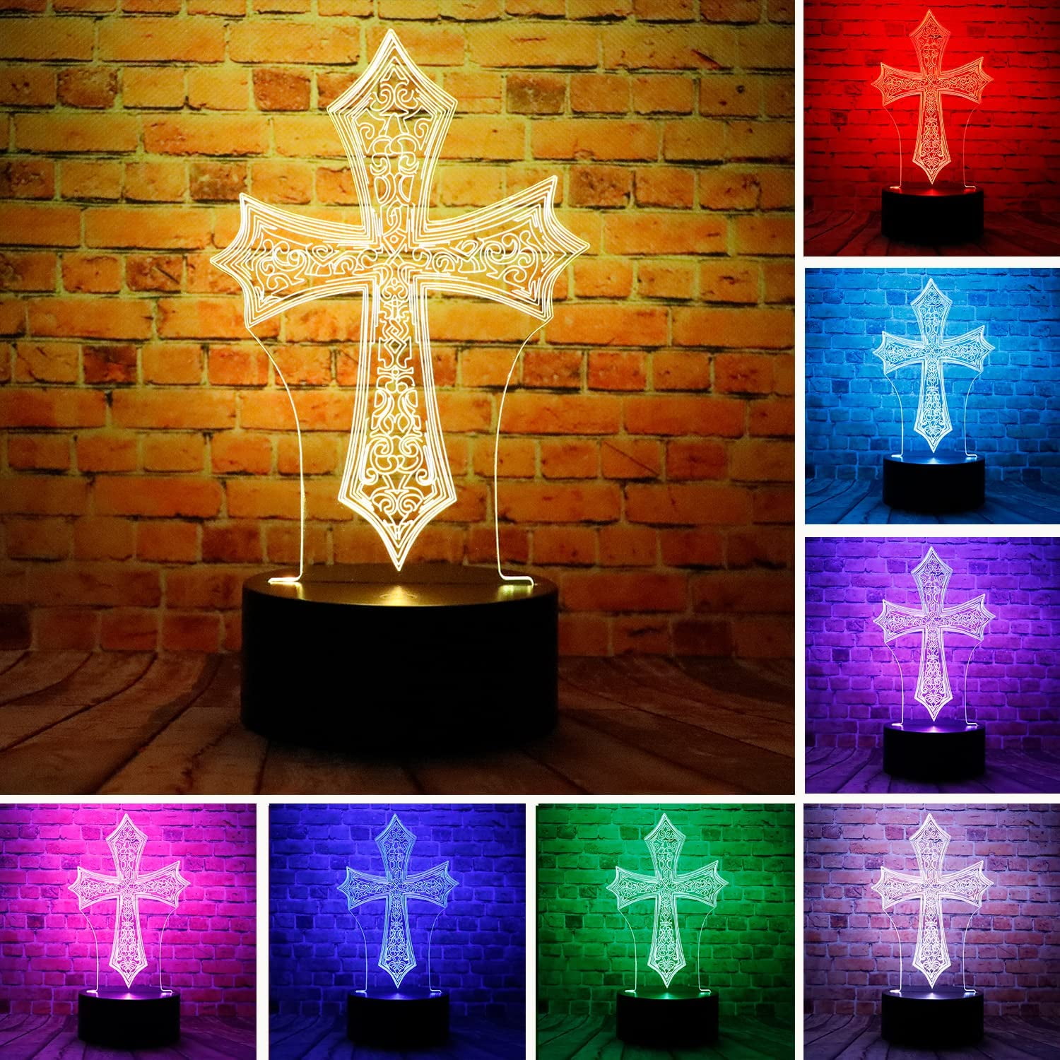 YSTIAN Christ Jesus Cross 3D Optical Illusion LED Bedroom Decor Sleep ...
