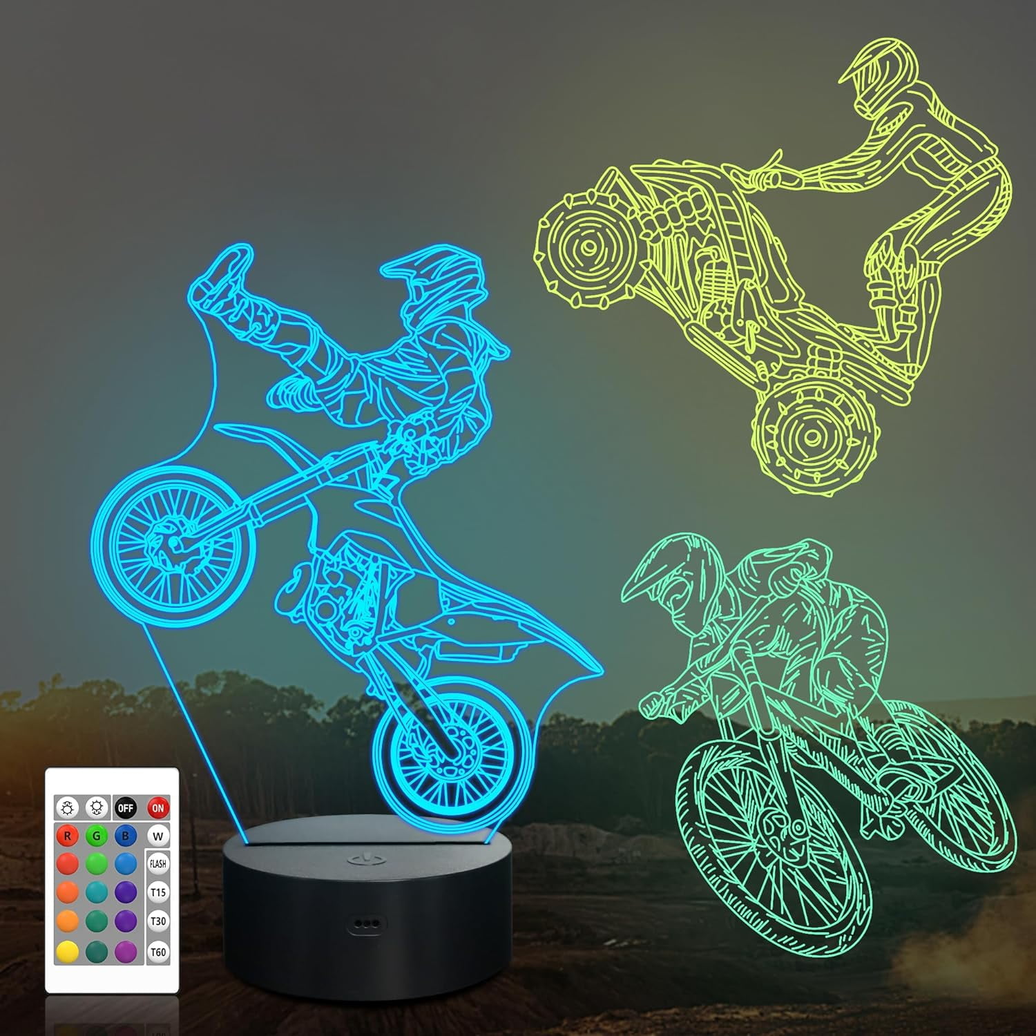 YSTIAN Dirt Bike Gifts, 3D Illusion Motocross Night Light for Kids (3 Patterns) with Remote ...