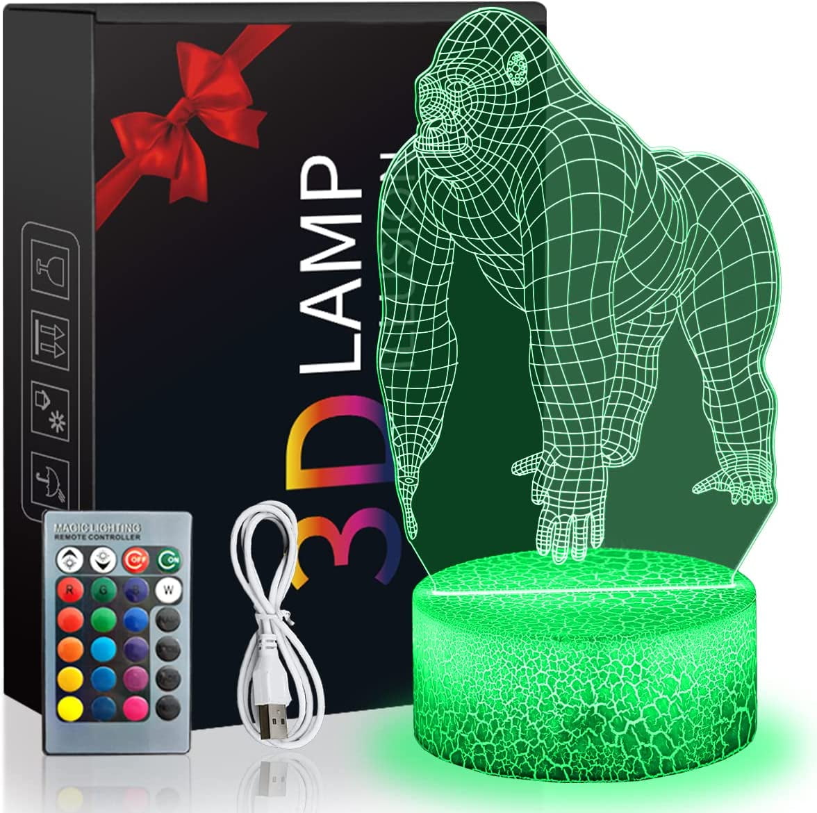 YSTIAN Gorilla Lamp for Kids, 3D Illusion Gorilla Toys Lamp with Remote ...