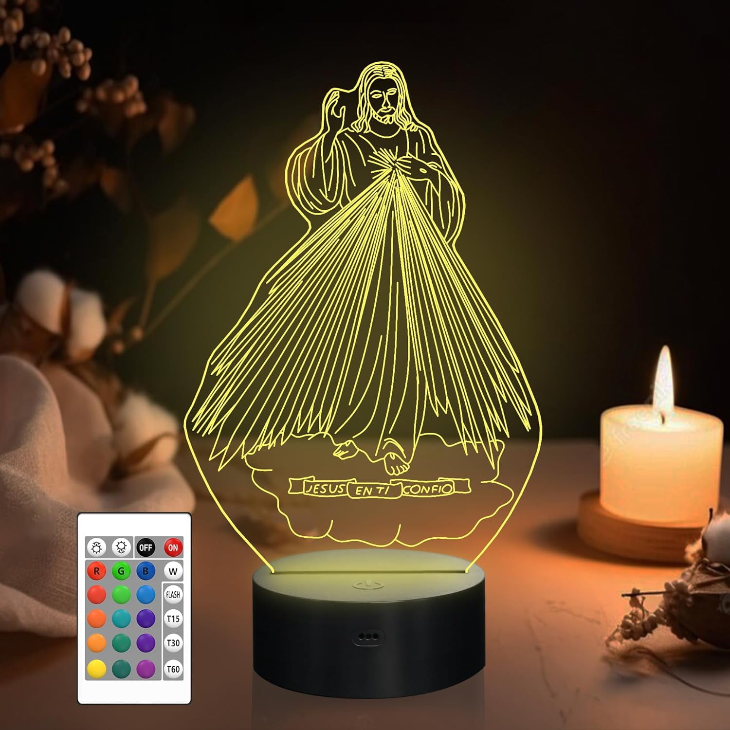 YSTIAN 3D Illusion Night Light, Sacred Heart LED Lamp, 16 Color ...