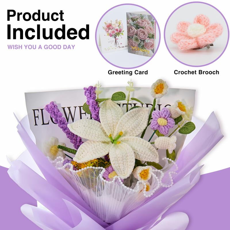 YShomy Wrapped Crochet Flower Bouquet with Lily, Lavender, Rose, Calla ...
