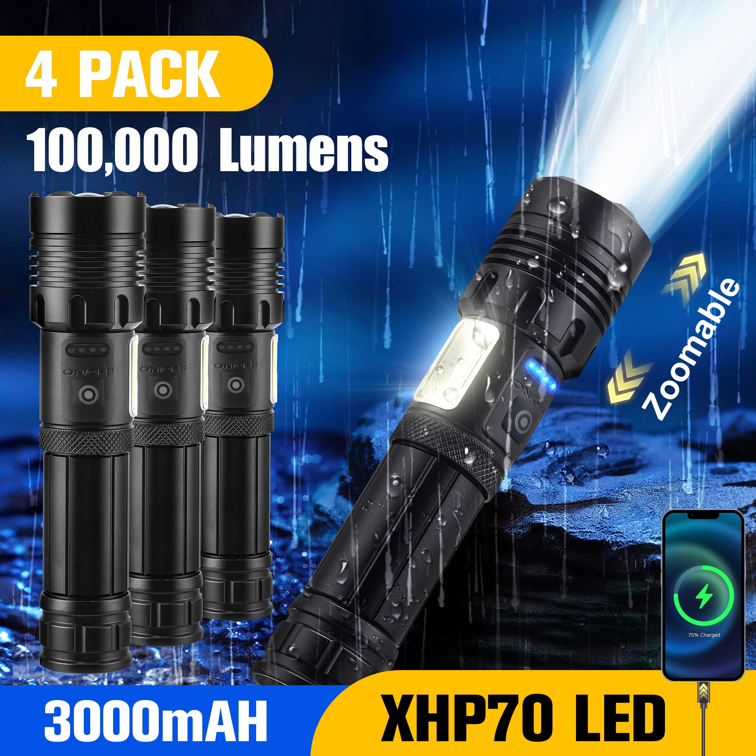 YTAKY Flashlight 4 Pack 100000 Lumens, Rechargeable Flashlight, XHP70.2 ...
