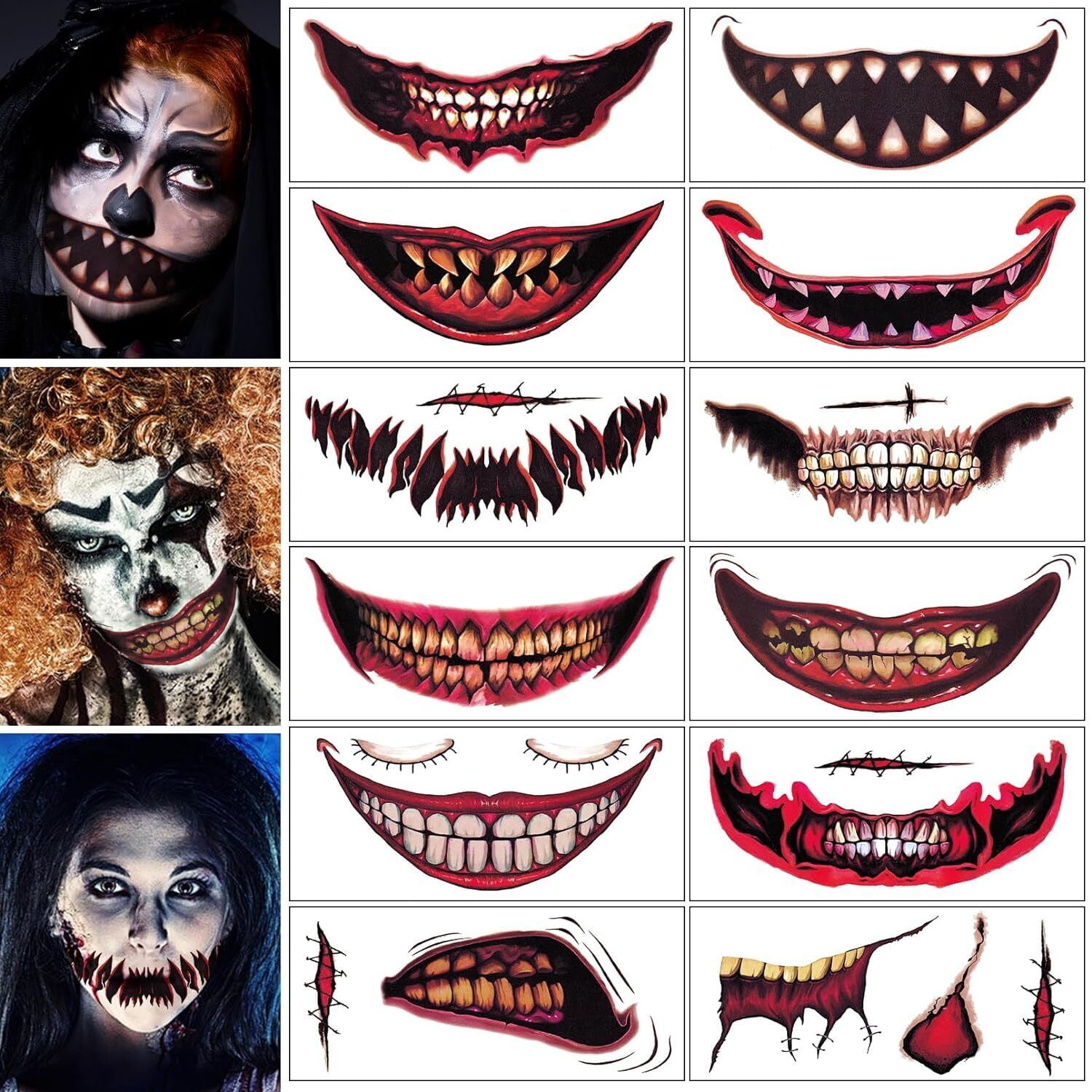 YTBW 12 Sheets Halloween Face Tattoos Horror Mouth Fake Temporary ...