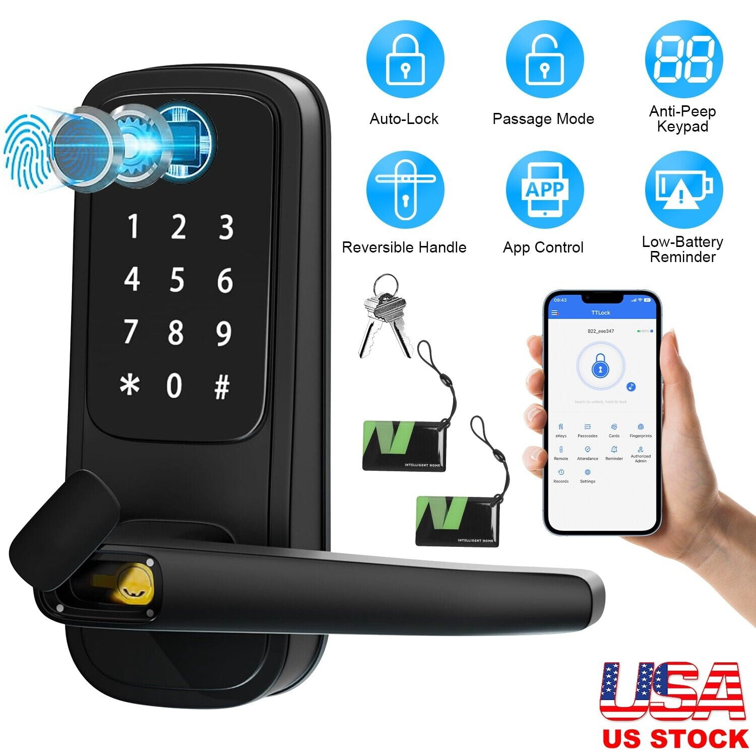 YTBW Smart Door Lock With Handle Fingerprints Passcodes Keys Fobs App ...