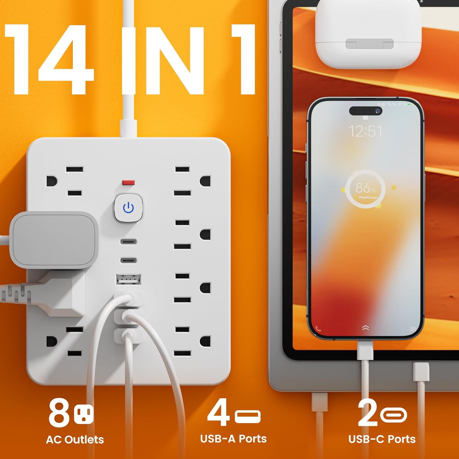 YTGRF-10 Ft Surge Protector Power Strip - Wall Plug Extension Cord with ...
