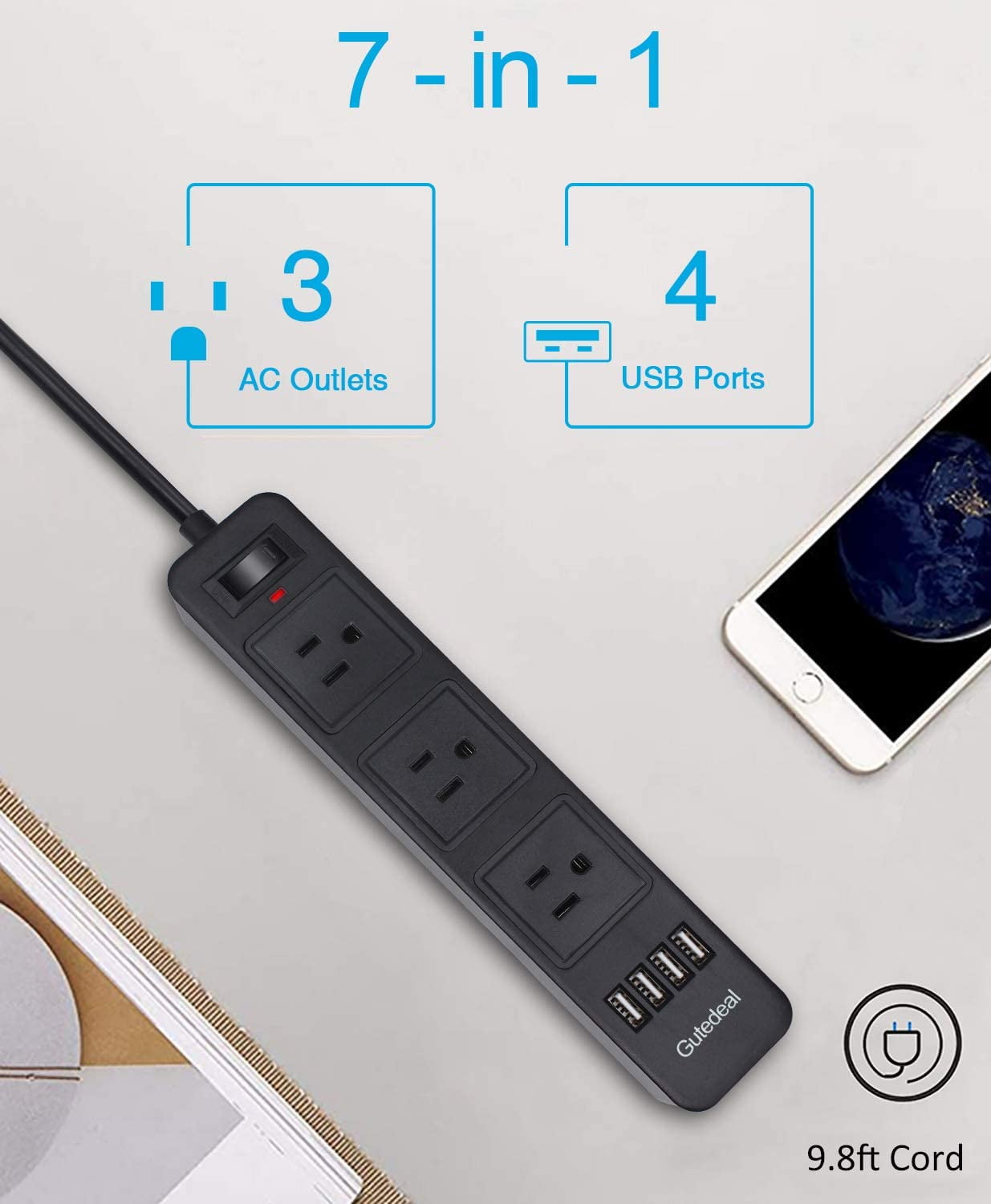 YTGRF-10FT 2 Prong Power Strip, USB Power Strip with 10ft Extension ...