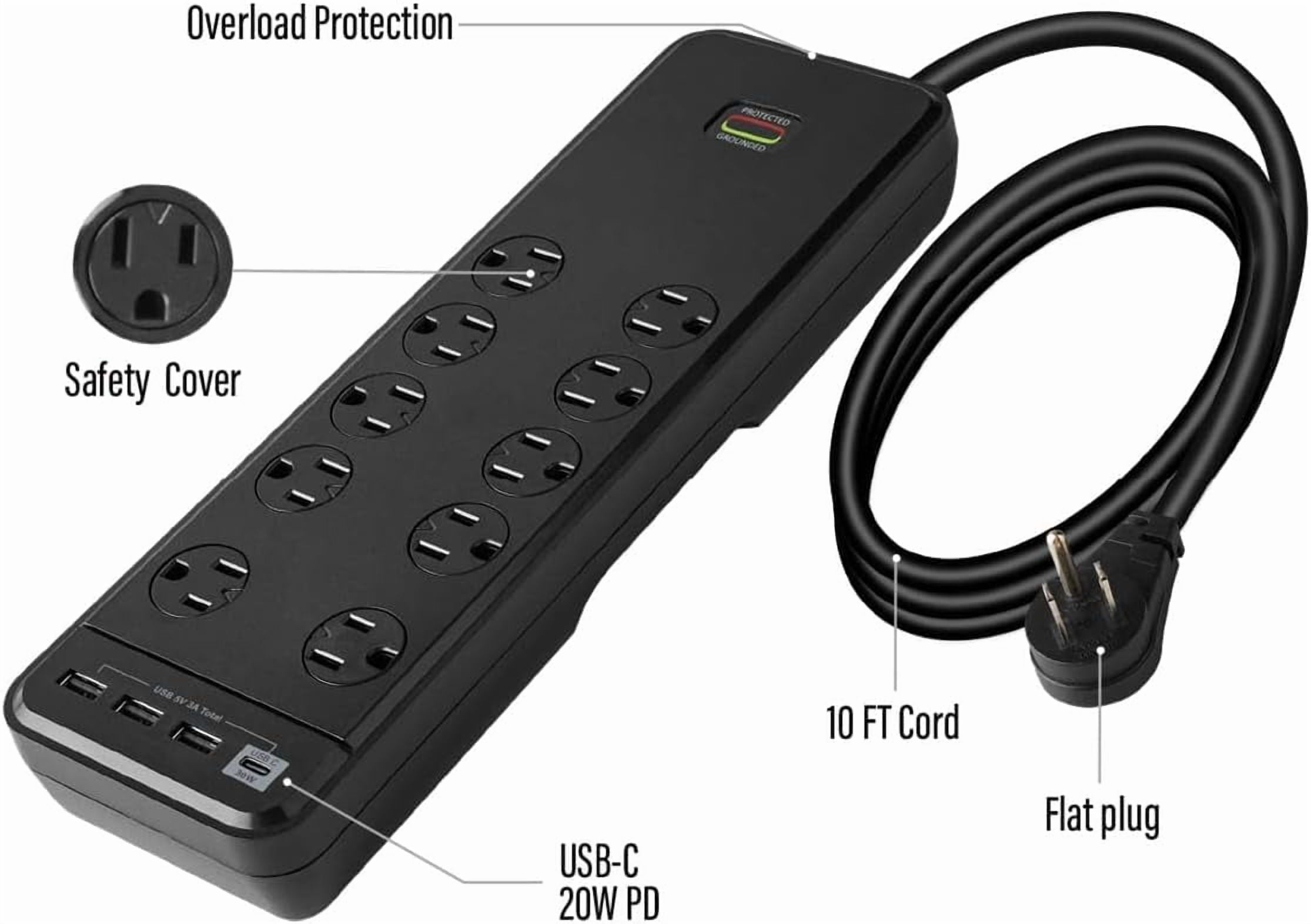 YTGRF-10FT Long Surge Protector Power Strip,10 Outlets,3 USB-A Ports/1C ...
