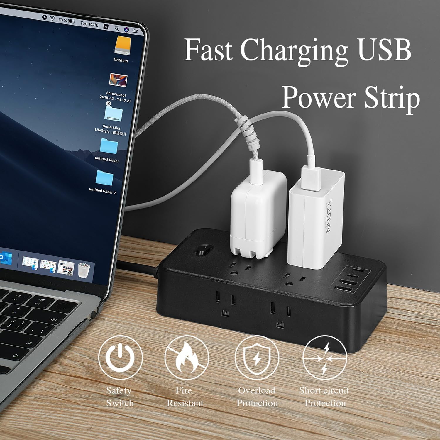 YTGRF-10FT Power Strip Extension Cord Surge Protector with 8 Outlets ...