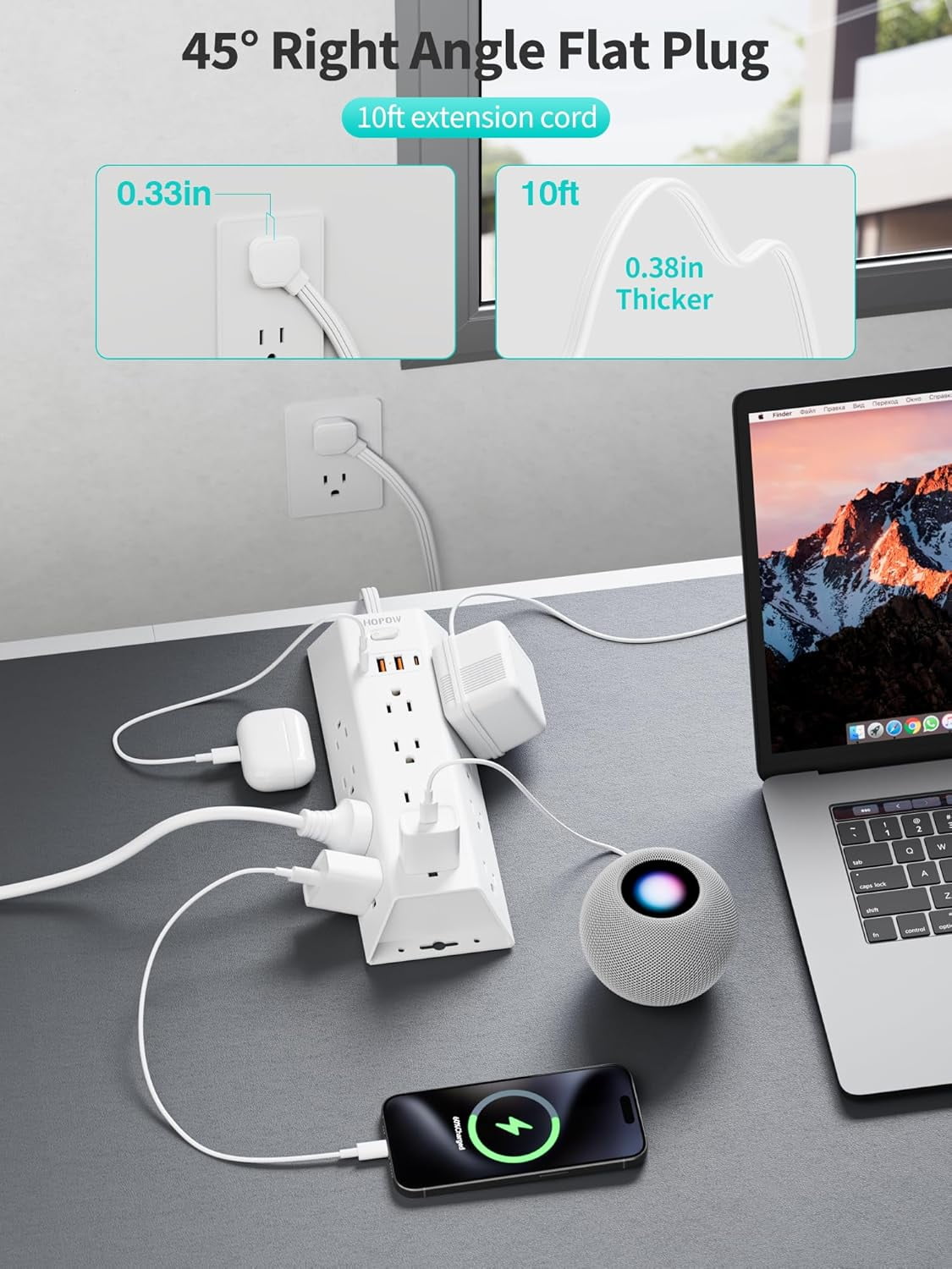 YTGRF-10FT Surge Protector Power Strip, Long Extension Cord with 12 ...