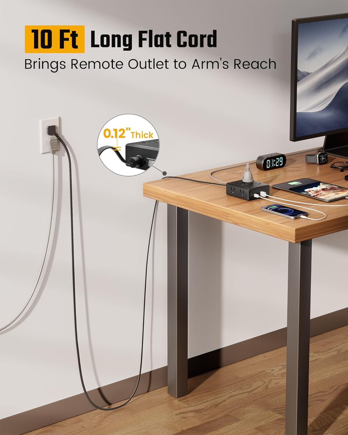 YTGRF-10Ft Extension Cord with Multiple Outlets, Flat Plug Power Strip ...
