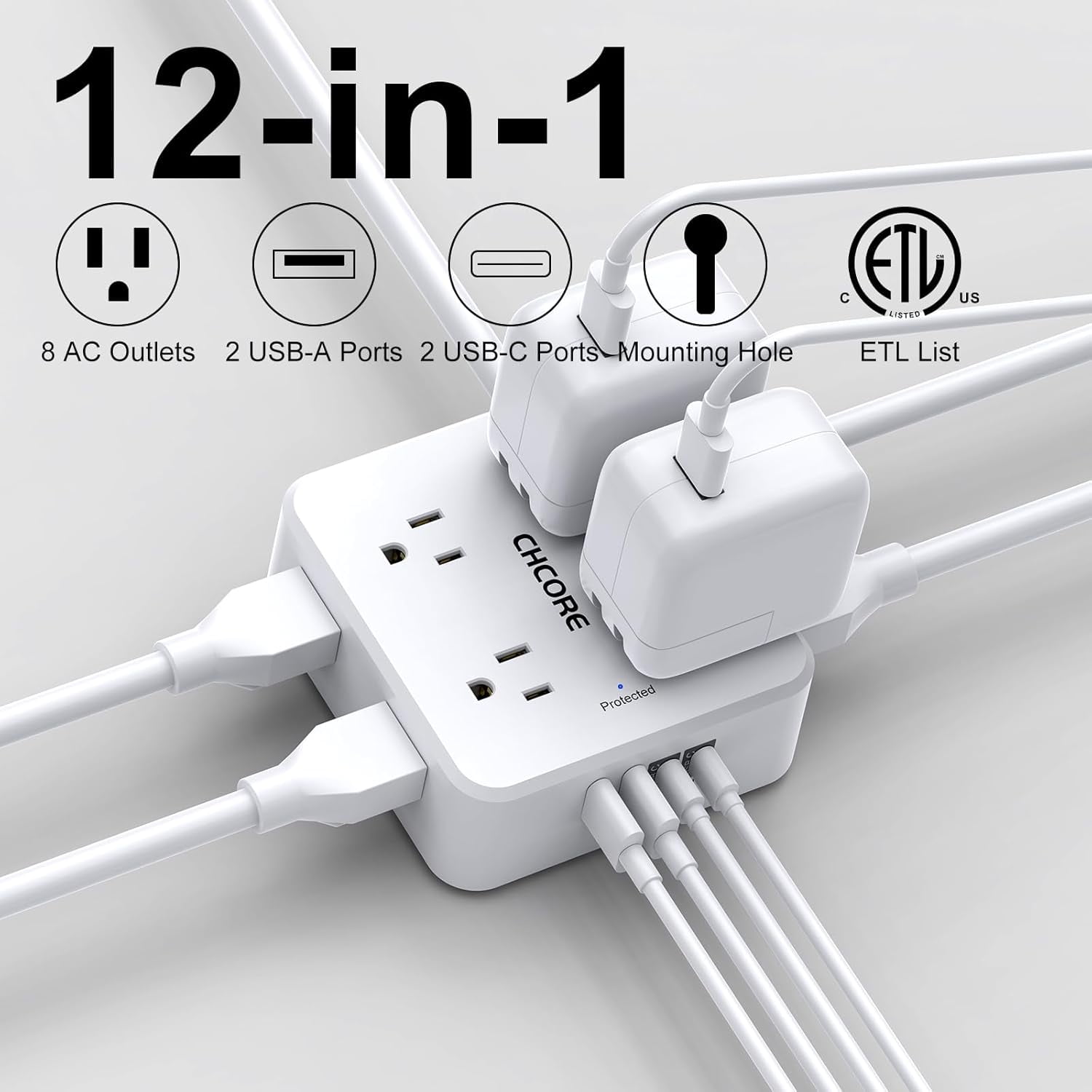 YTGRF-10Ft Surge Protector Power Strip - Flat Plug Extension Cord with ...