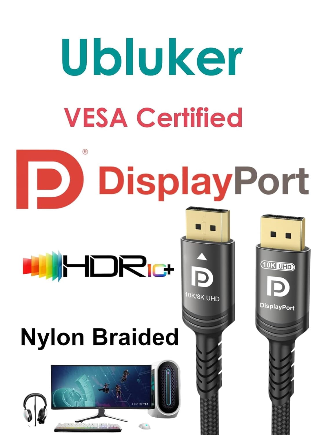 YTGRF-10K 8K 4K DisplayPort Cable 40Gbps 16.4 FT, VESA Certified DP to ...