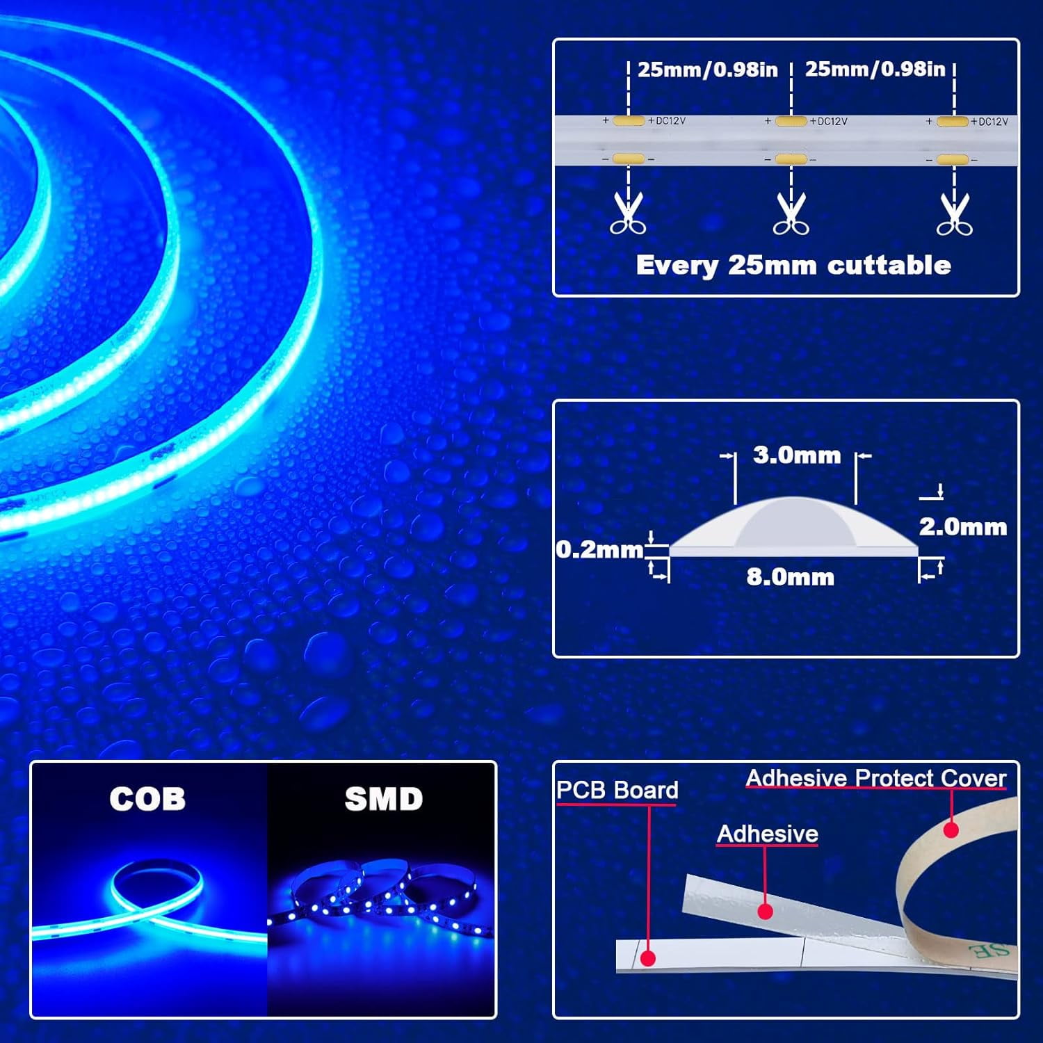 YTGRF-12V COB LED Strip Light Blue Waterproof IP65 16.4ft/5M 480LEDs/M ...