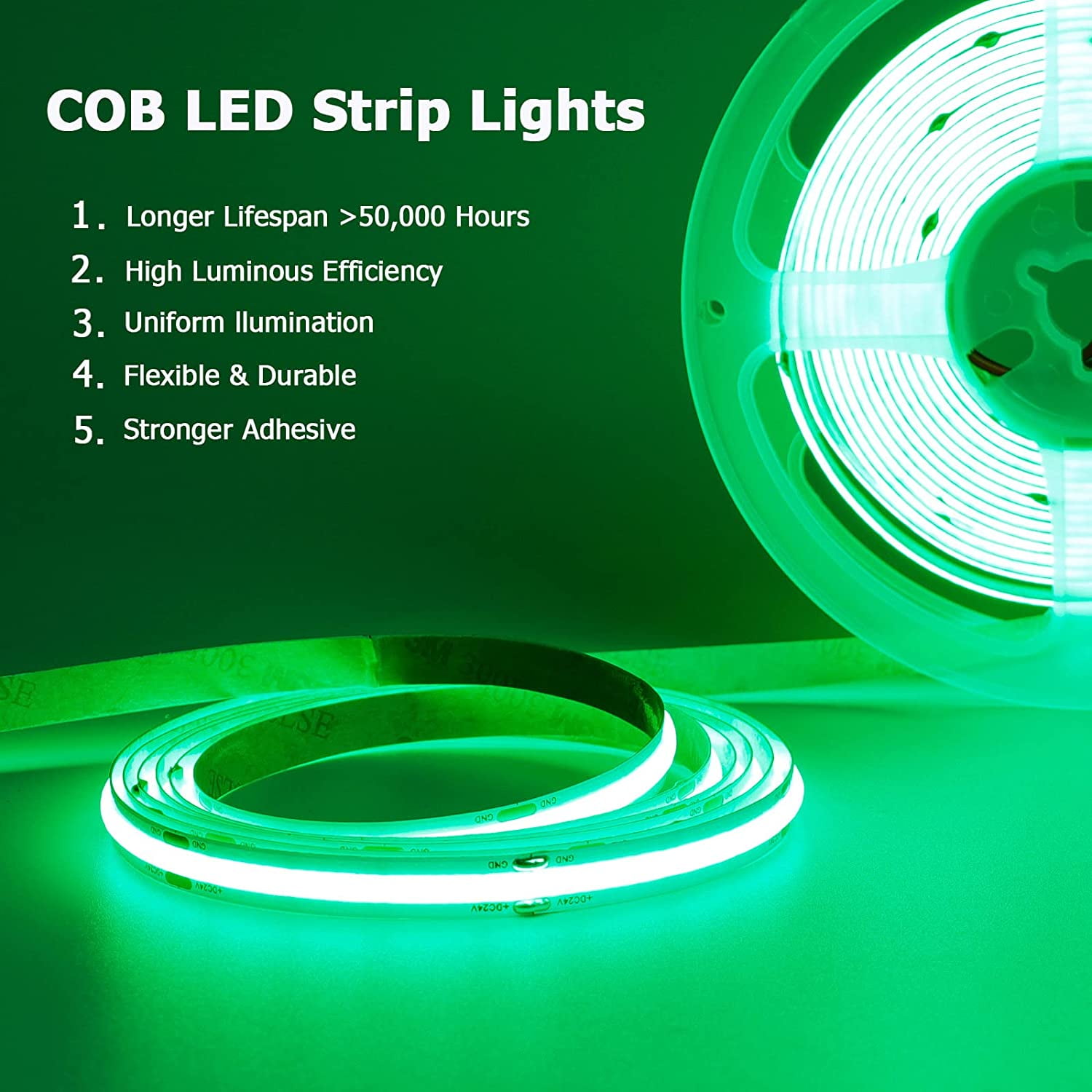 YTGRF-12V COB LED Strip Lights Green Super Bright 16.4ft/5M 480LEDs/M ...