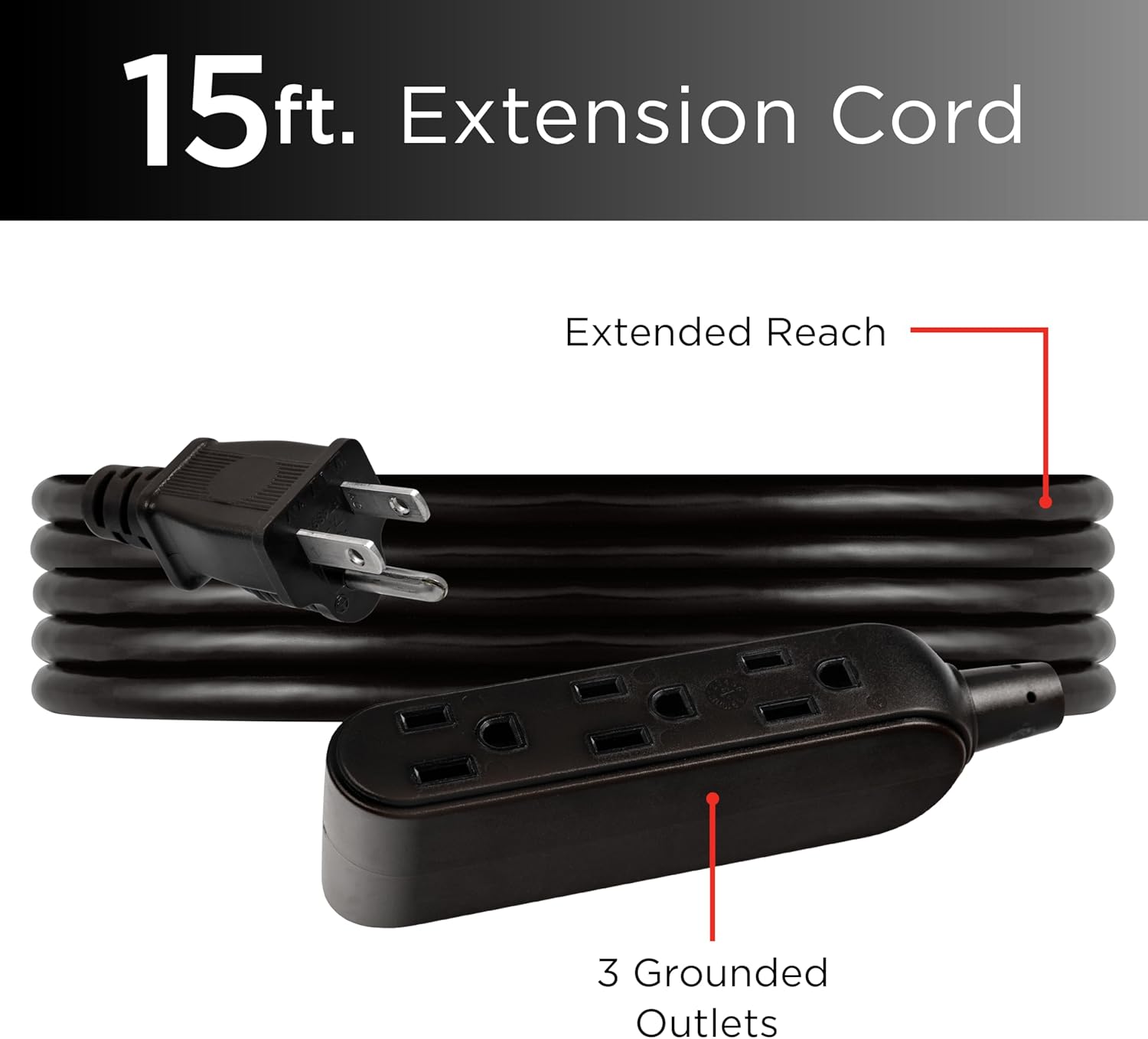 YTGRF-15 Ft Indoor Extension Cords 2 Pack 3 Outlet Power Strip Long ...