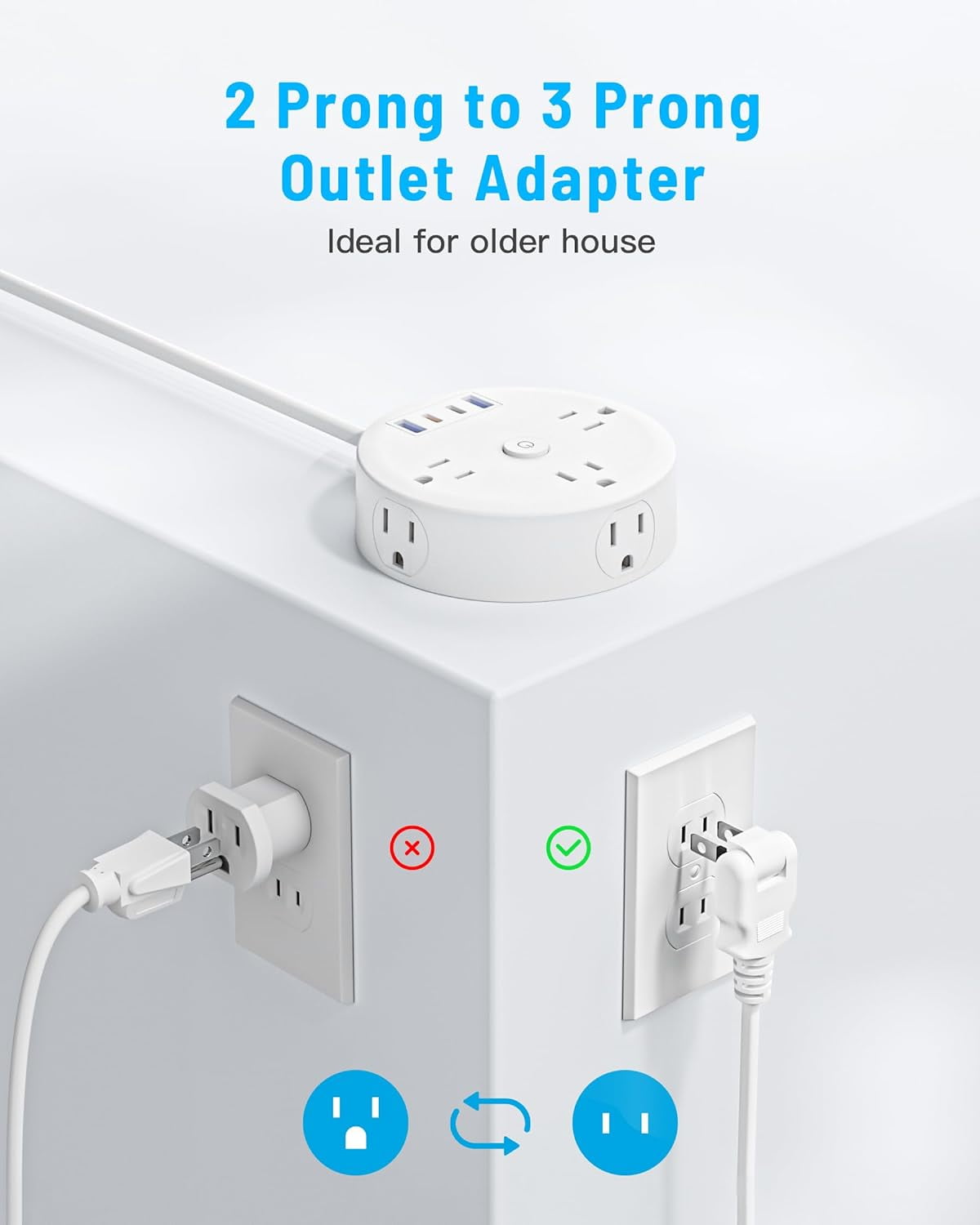 YTGRF-15FT 2 Prong Power Strip, 2 Prong to 3 Prong Outlet Adapter, Flat ...