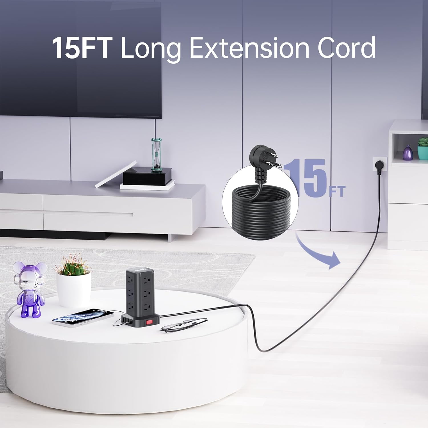 YTGRF-15FT USB C Power Strip Surge Protector Tower, Mini Power Strip Tower Travel 12 AC 4 USB ...