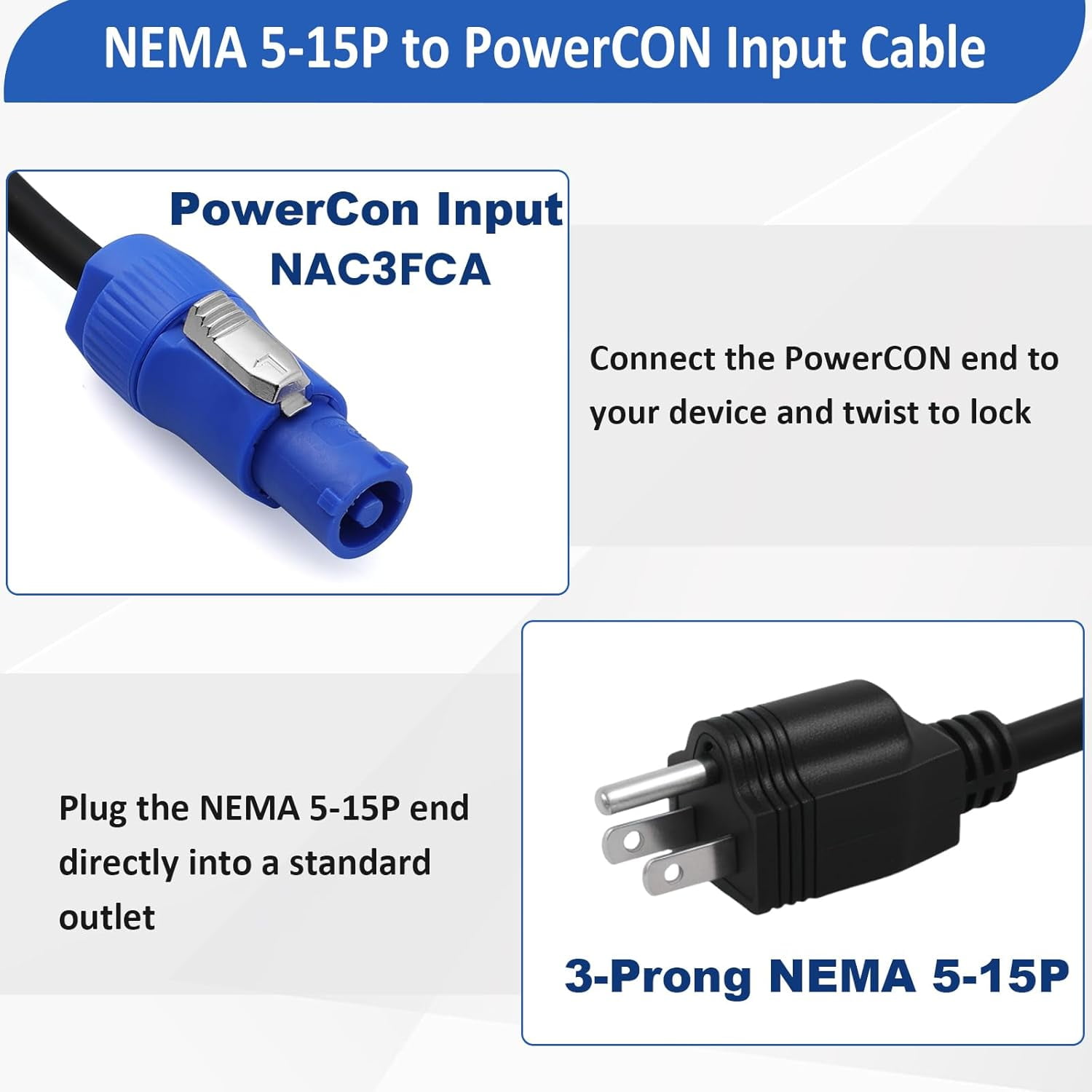 YTGRF-16AWG 3-Prong NEMA 5-15P to PowerCON Cable 15A 3 Pin PowerCon ...