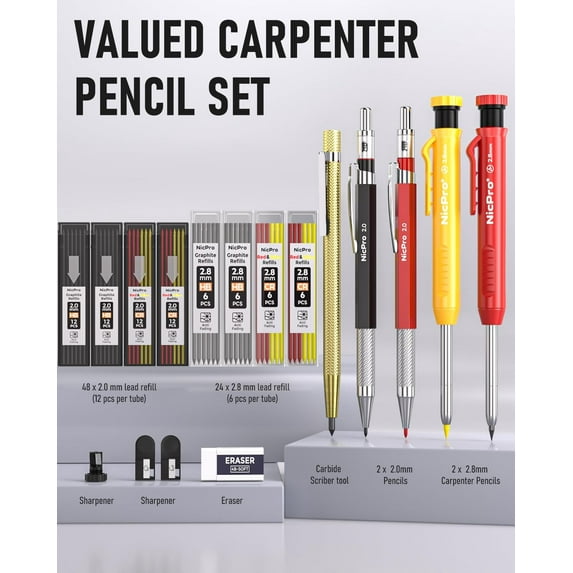 YTGRF-18 Pack Carpenter Pencil Set with Sharpener, Mechanical Carpenter ...