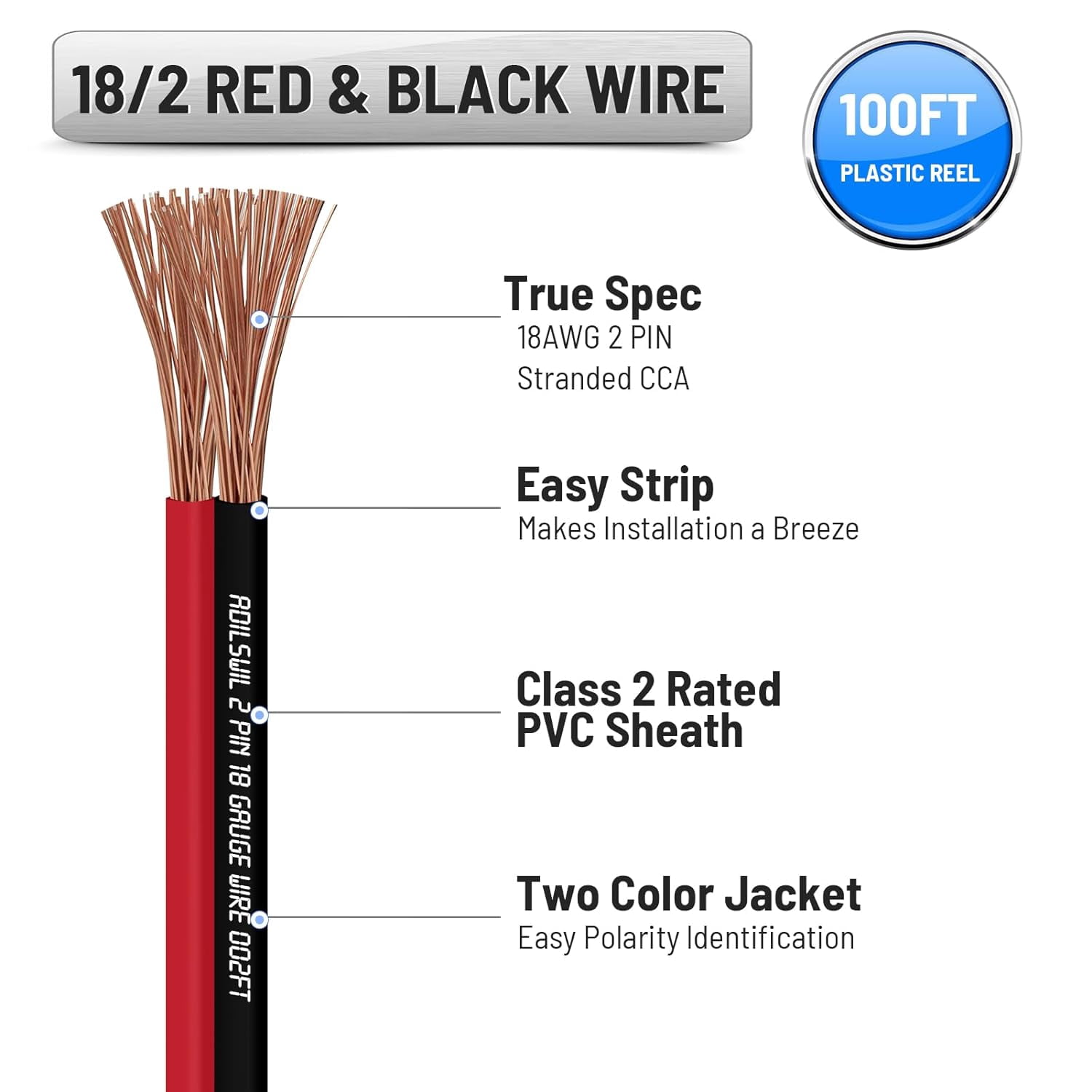YTGRF-18AWG 50FT Speaker Wire, 2 Conductors Electrical Red Black Cable ...