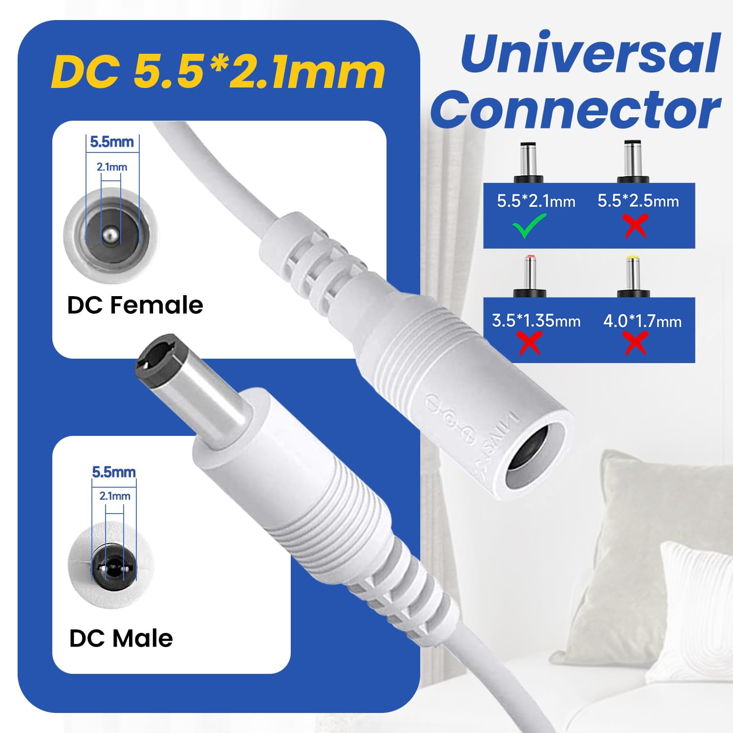 YTGRF-2 Pack 6ft/2M DC Power Extension Cable, Universal DC 12V 2.1mm x ...