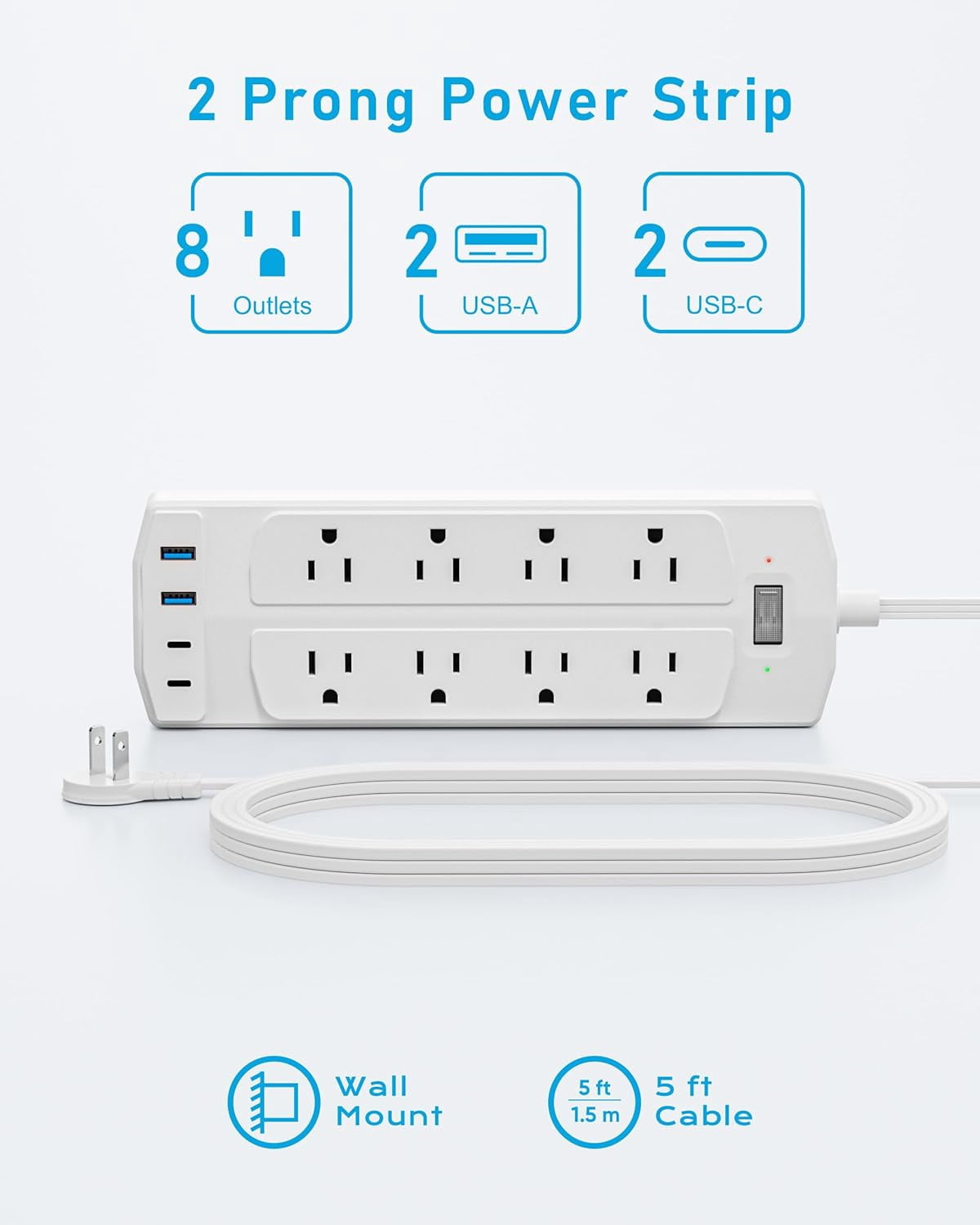 YTGRF-2 Prong Power Strip, 2 Prong to 3 Prong Outlet Adapter, 5FT Flat ...
