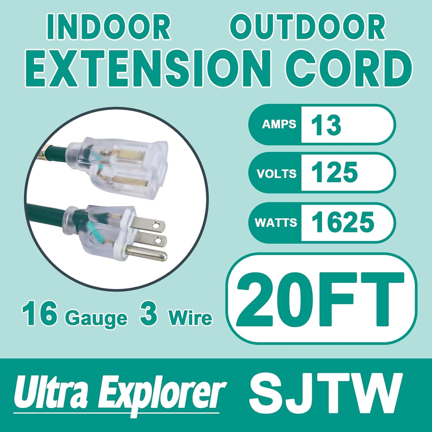 YTGRF-20 Ft Indoor Outdoor Green Extension Cord, 16/3 Heavy Duty ...