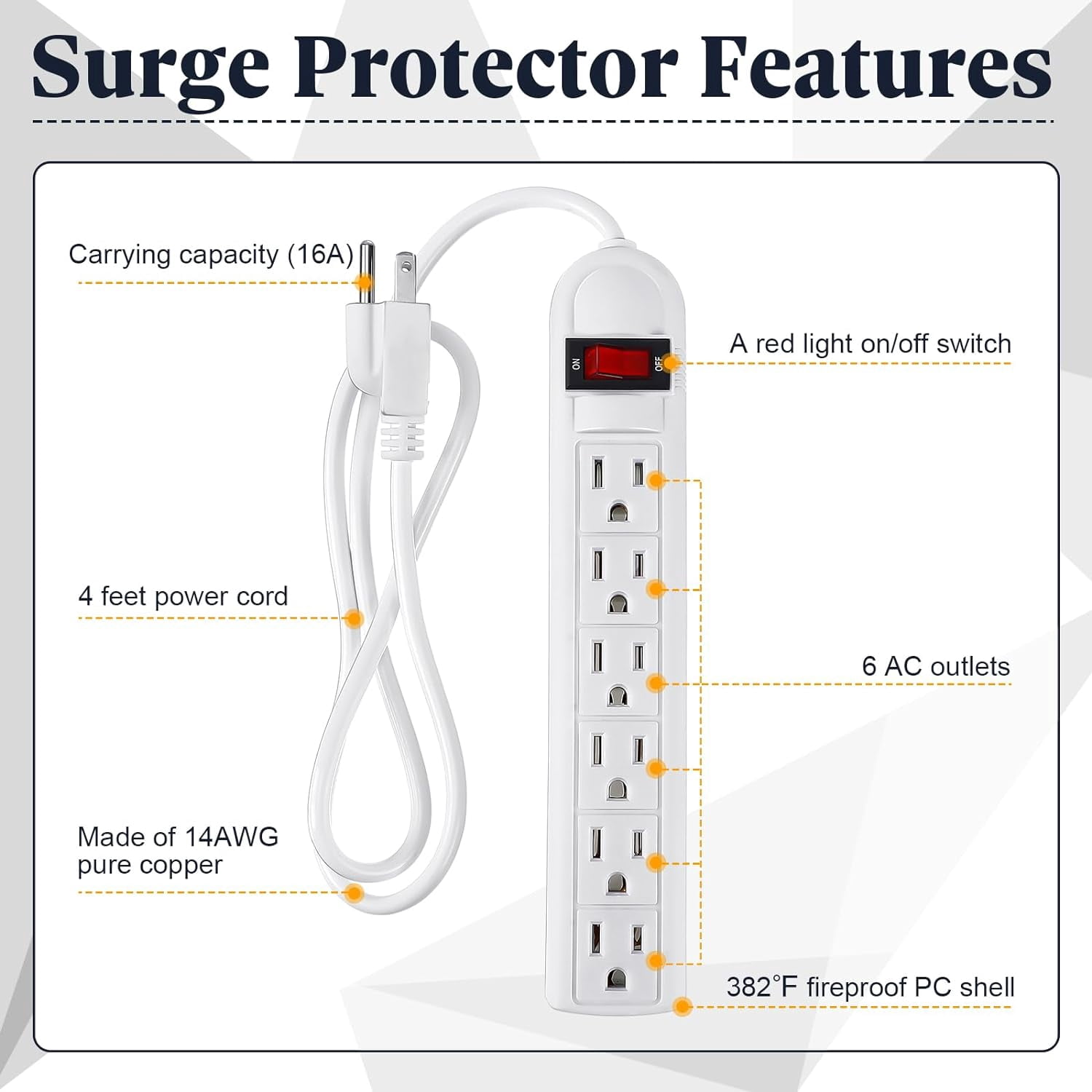 YTGRF-3 Pack 6 Outlet Power Strip Surge Protector 4 ft Flat Plug Surge ...