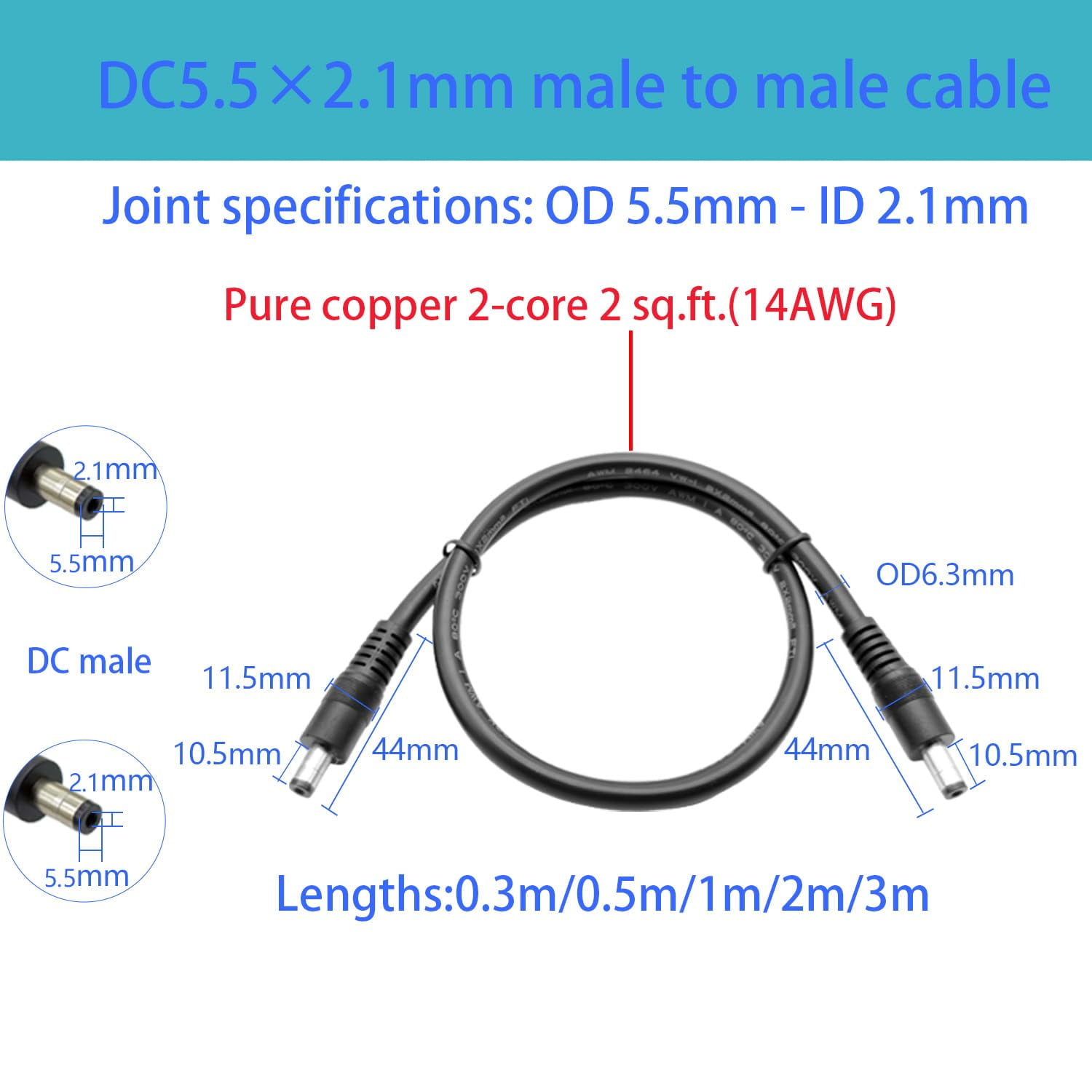 YTGRF-3-Pack DC Extension Cord 5.5mm x 2.1mm Male to Male Power Cable ...