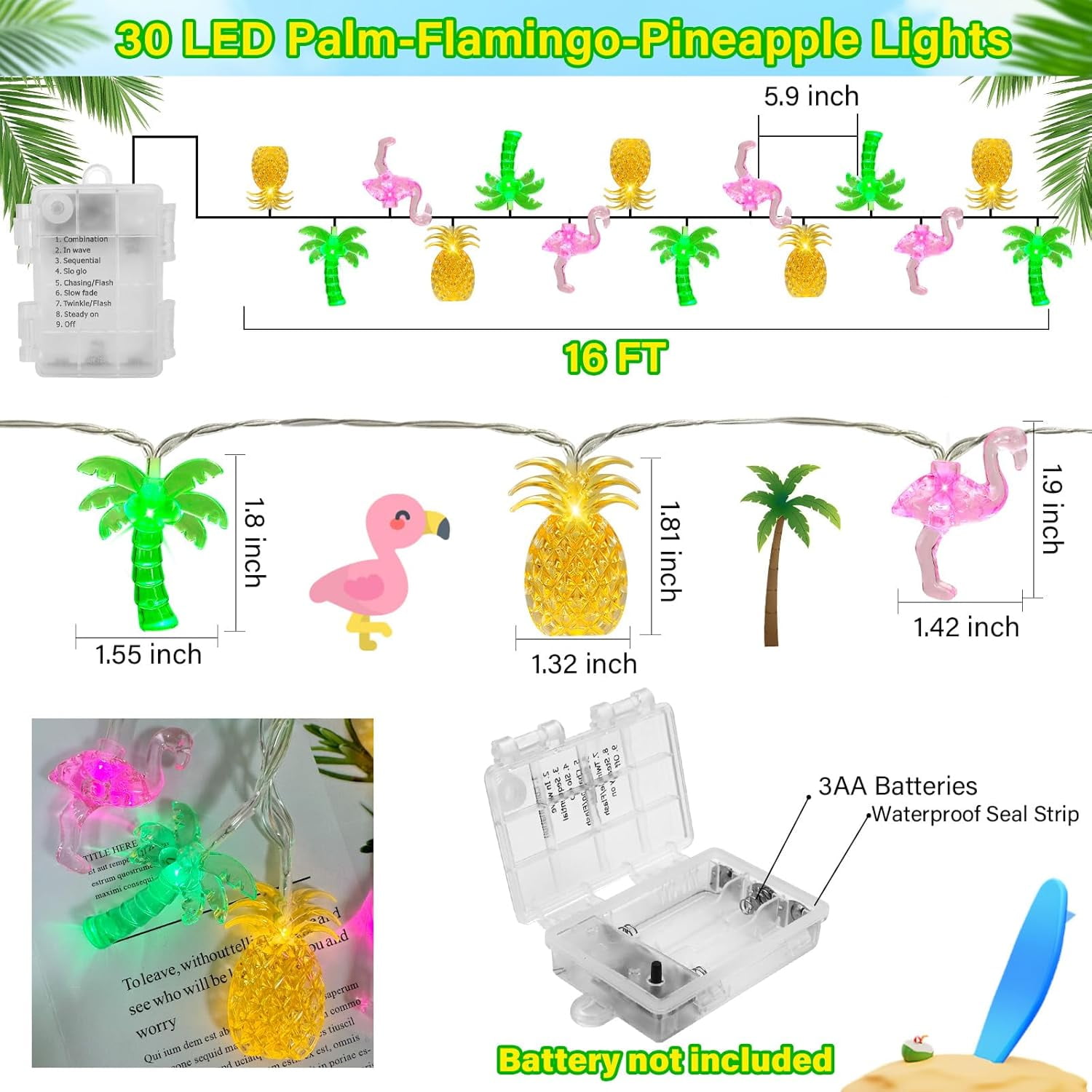 YTGRF-30 LED 16Ft Summer Beach Hawaiian String Lights - 8 Modes & Timer ...