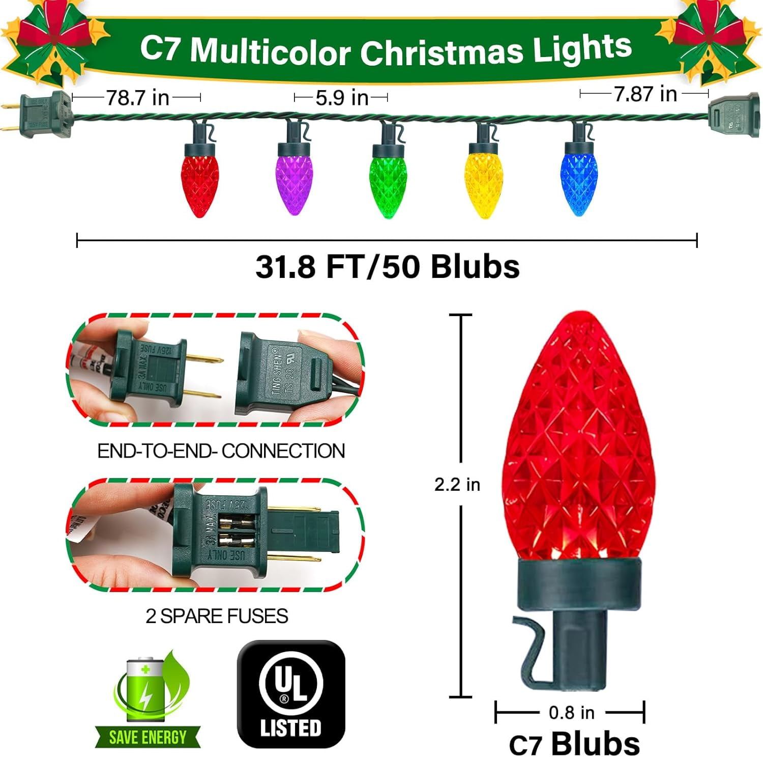 YTGRF-50 LED C7 Christmas Lights, 31.8FT C7 Christmas Strawberry String ...
