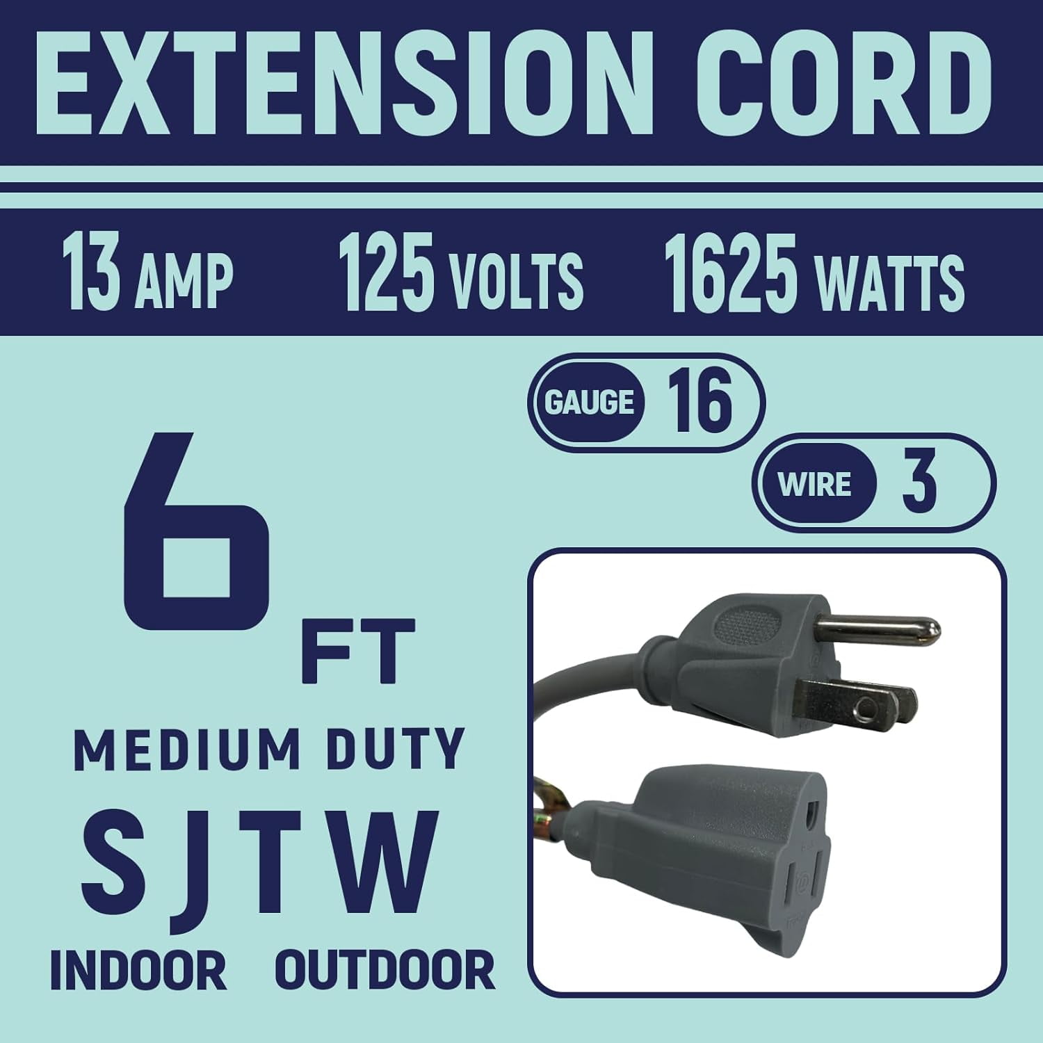 YTGRF-6 Ft Indoor Outdoor Grey Extension Cord, 16 Gauge Waterproof ...