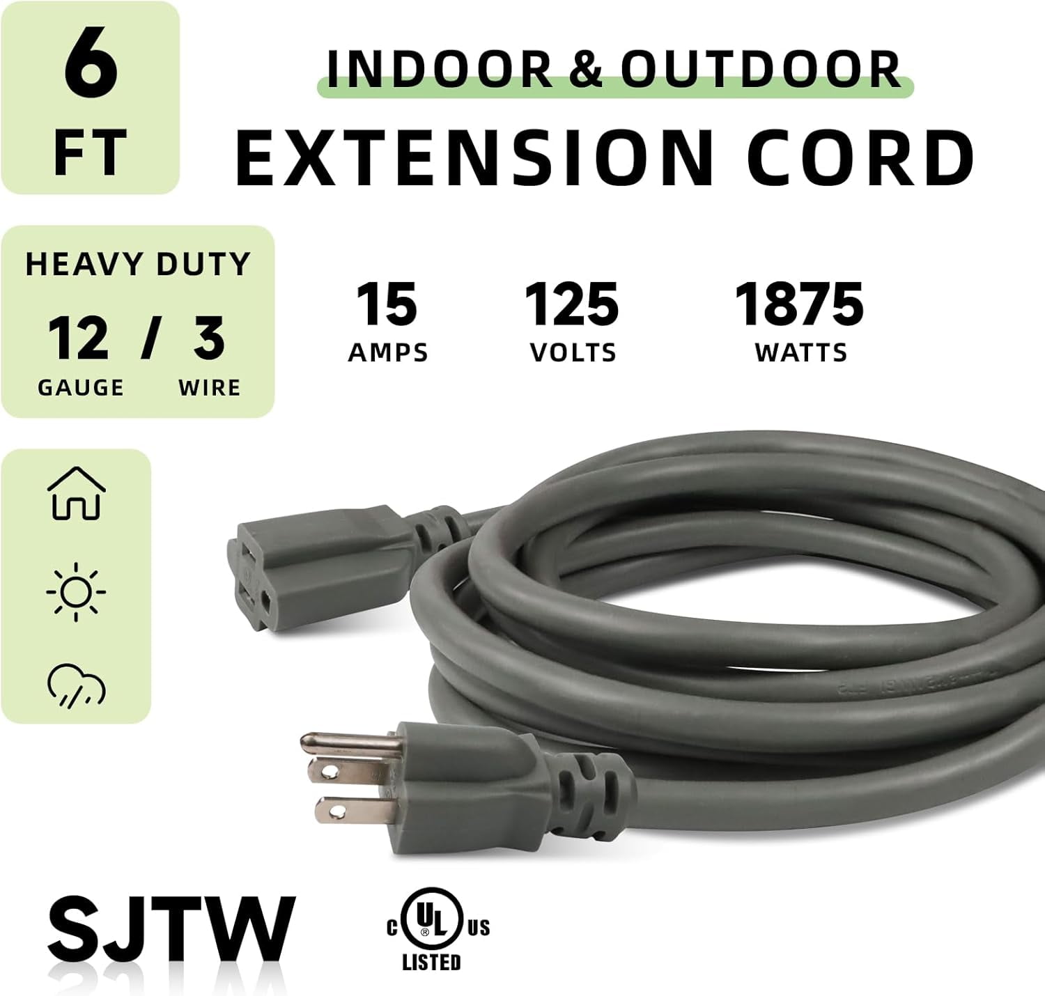 YTGRF-6 Ft Outdoor Extension Cord, 12/3 SJTW Heavy Duty Extension Cable ...