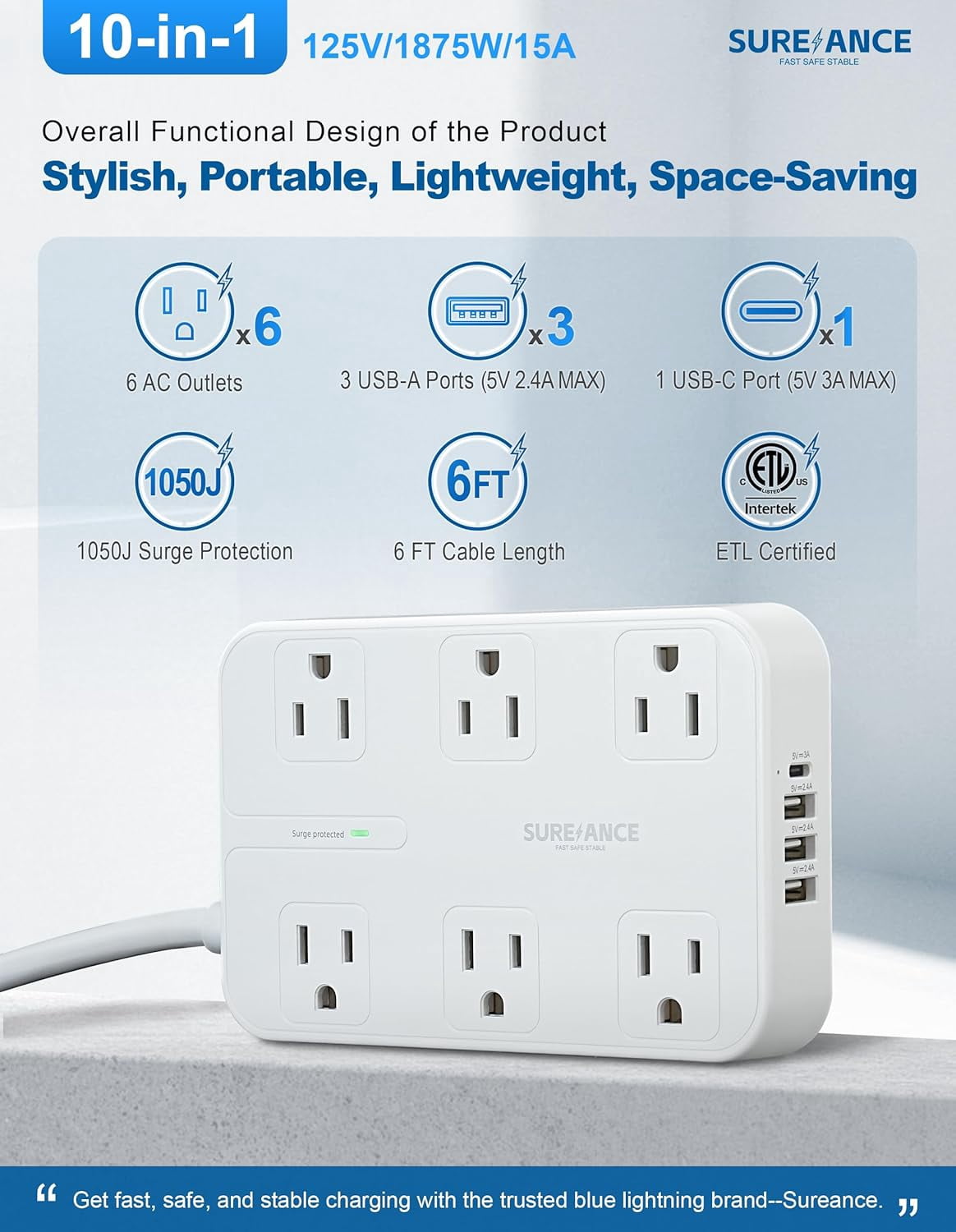 YTGRF-6-Outlet Power Strip with USB C - Surge Protector, 4 USB Ports ...