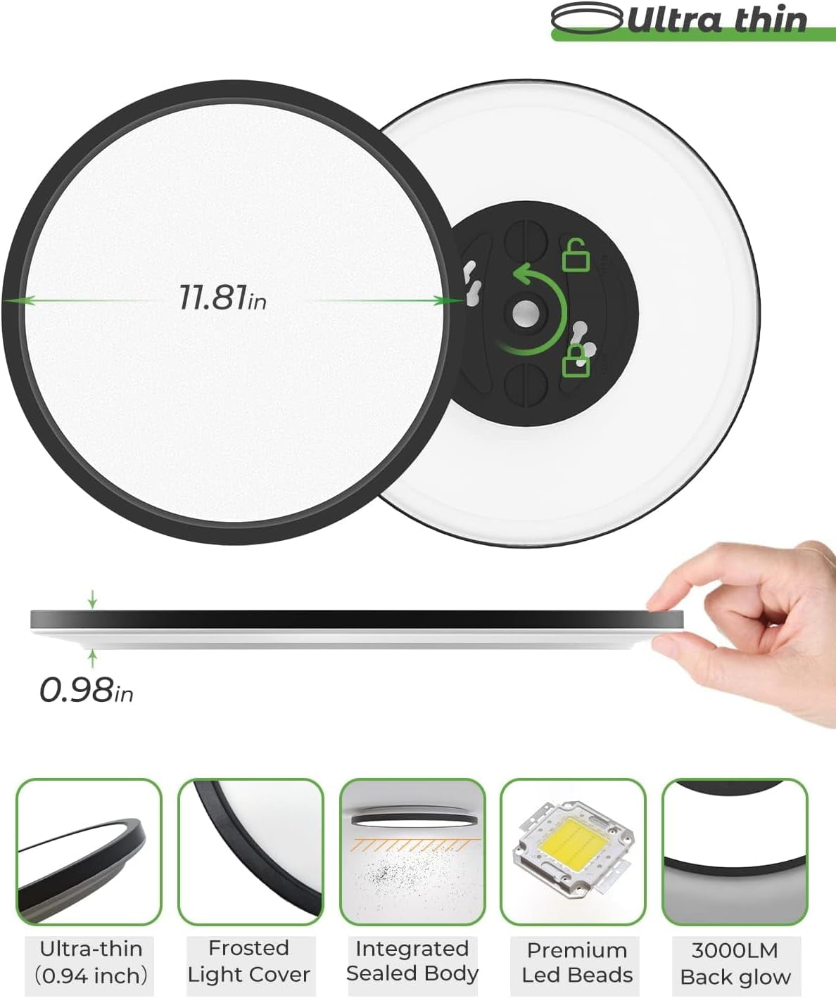YTGRF-Black LED Flush Mount Ceiling Light - 12 Inch 28W 3200lm LED ...