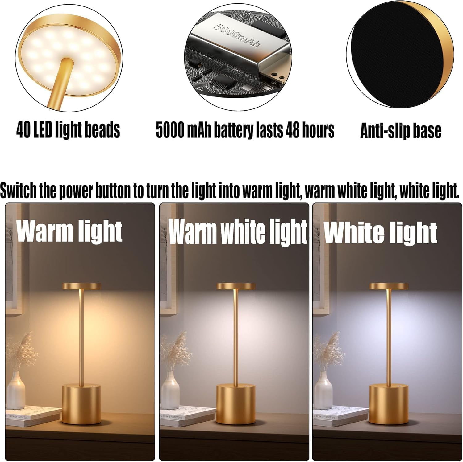 YTGRF-Cordless Table Lamp, Rechargeable LED Battery 5000mAh Metal USB ...