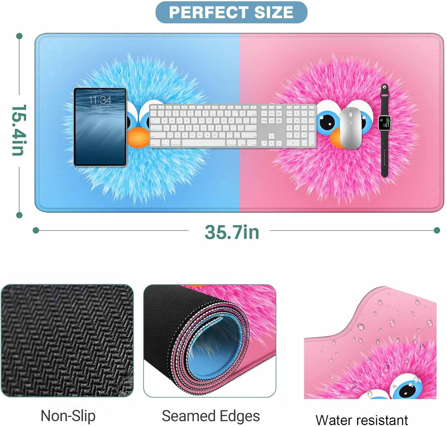 YTGRF-Cute Fuzzy Cartoon Characters Gaming Mouse Pad Blue Pink Kawaii ...