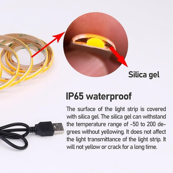 YTGRF-DC 5V USB COB Orange LED Strip Light USB Powered IP65 Waterproof ...