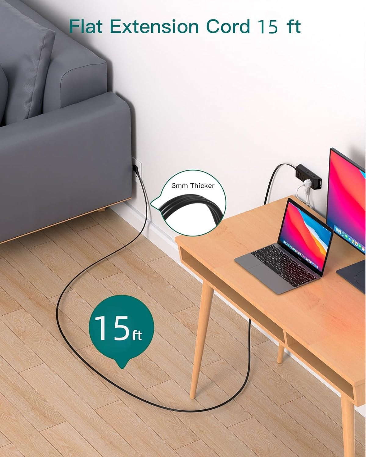 YTGRF-Flat Extension Cord 15 ft - Flat Plug Power Strip with 6 Outlets ...
