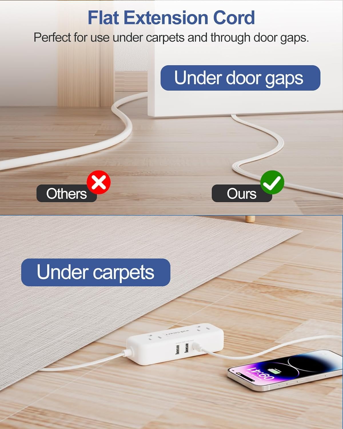 YTGRF-Flat Plug Power Strip - 5 Ft Thin Flat Extension Cord with 4 AC ...
