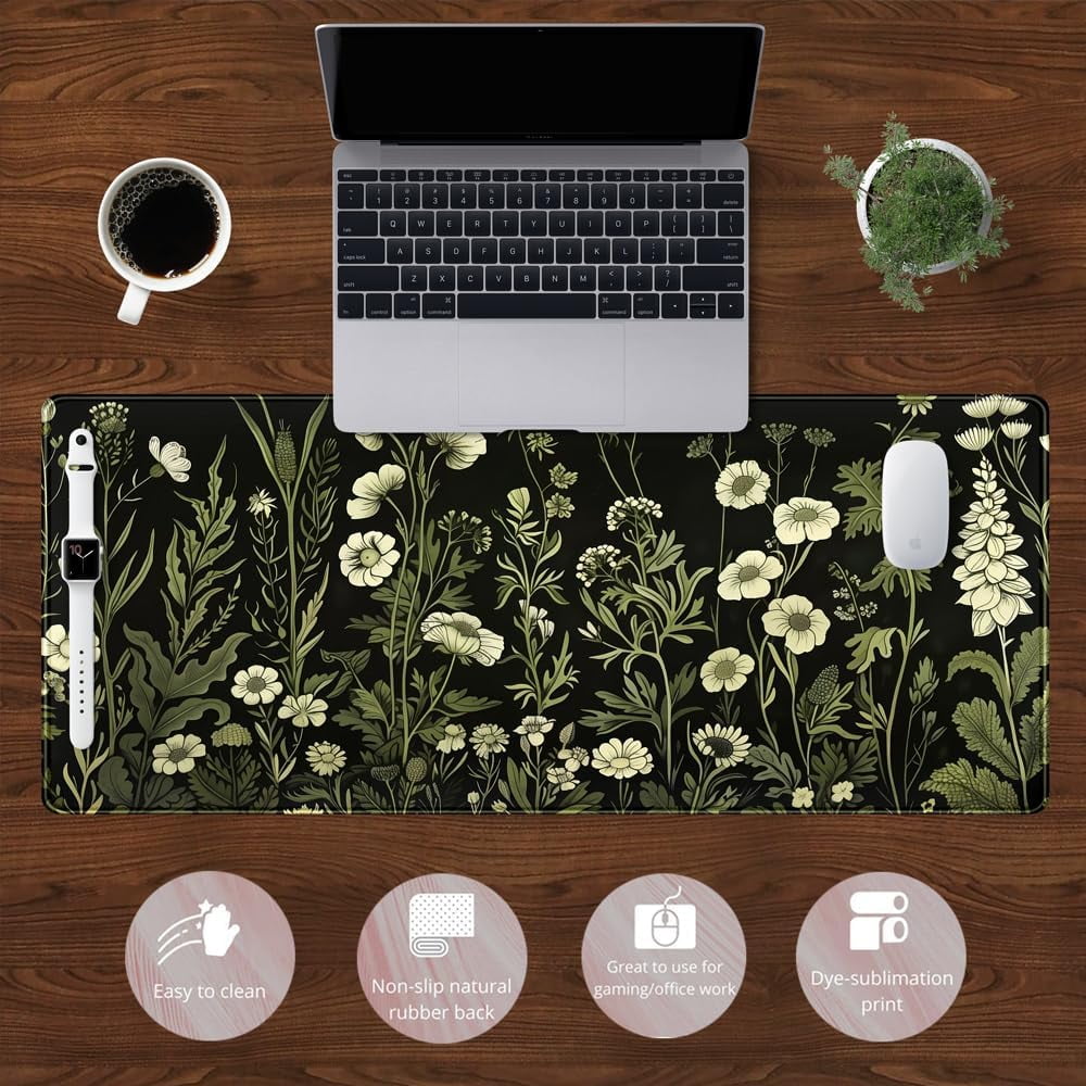 YTGRF-Floral Green Plant Mouse Pad Aesthetic Vintage Desk Pad Black ...
