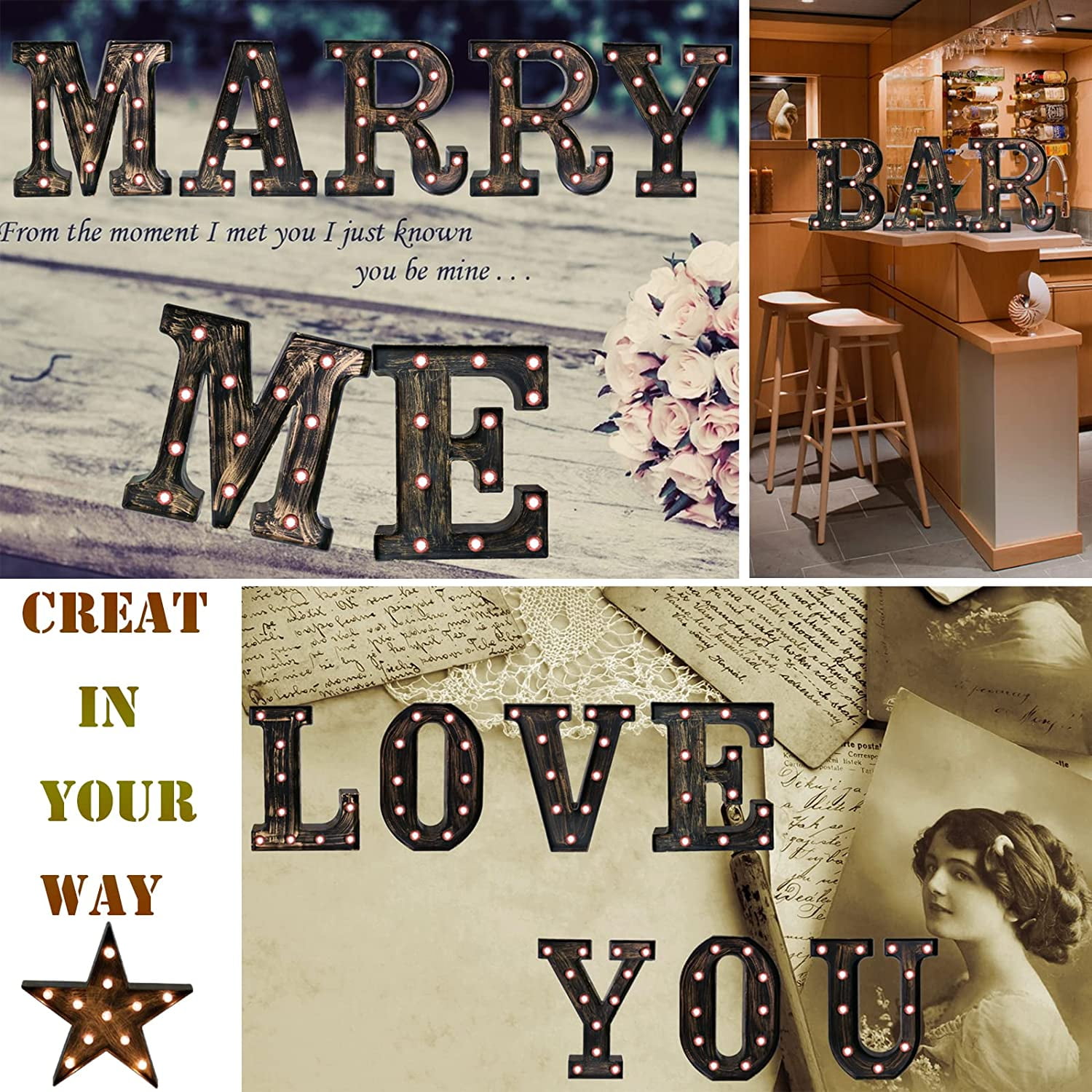 YTGRF-Golden Black Led Marquee Letter - Industrial, Vintage Style Light ...