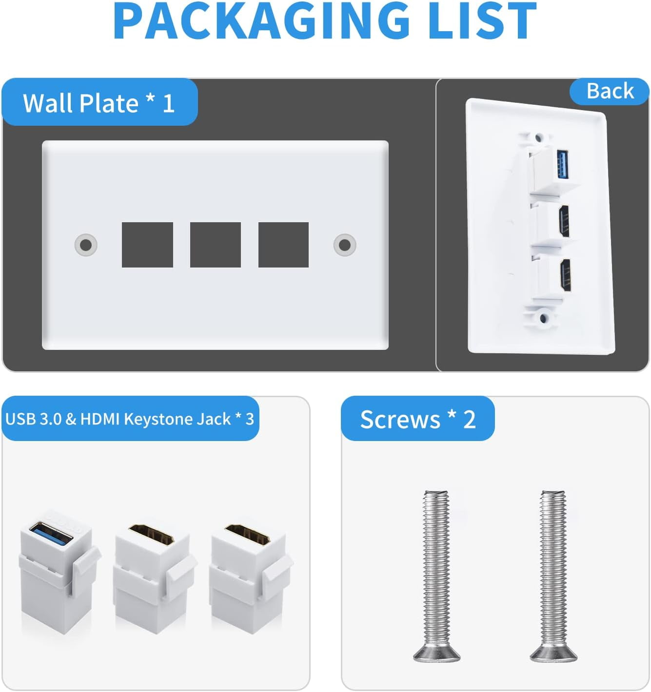 YTGRF-HDMI Wall Plate USB 3.0 Wall Plate, 3-Port Keystone Plug with 4K ...