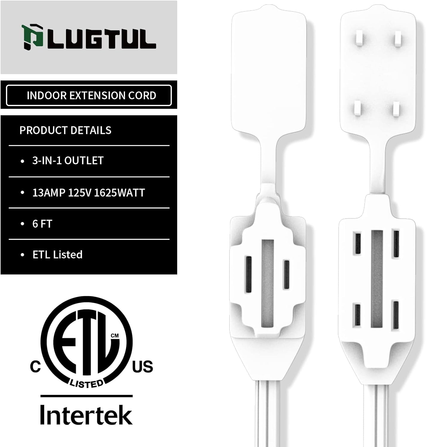 YTGRF-Indoor White Extension Cord 6 Feet, 3-Outlet Household Extension ...