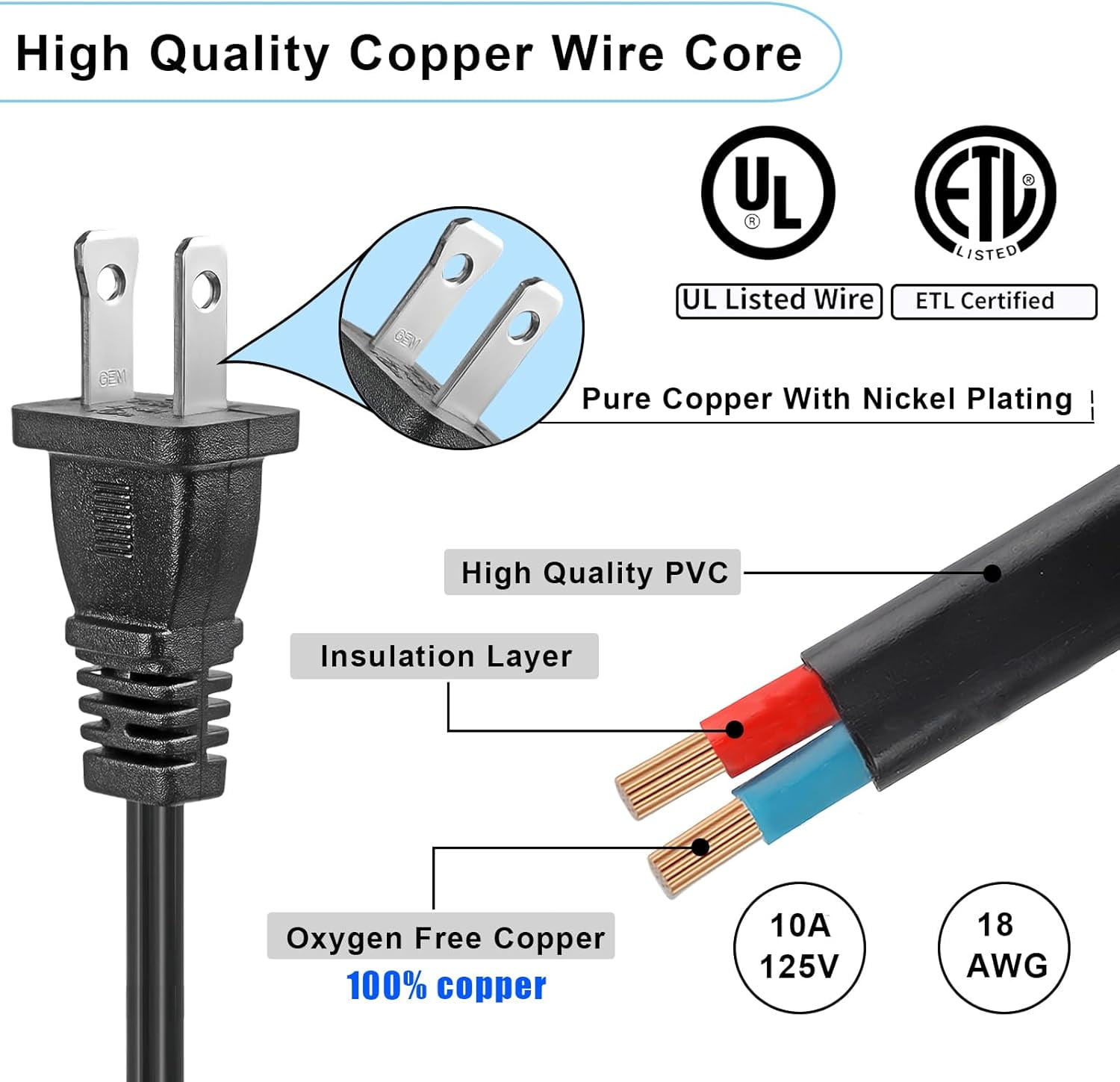 YTGRF-Long 2 Prong Extension Power Cord 16.5FT, Polarized Plug Flexible ...