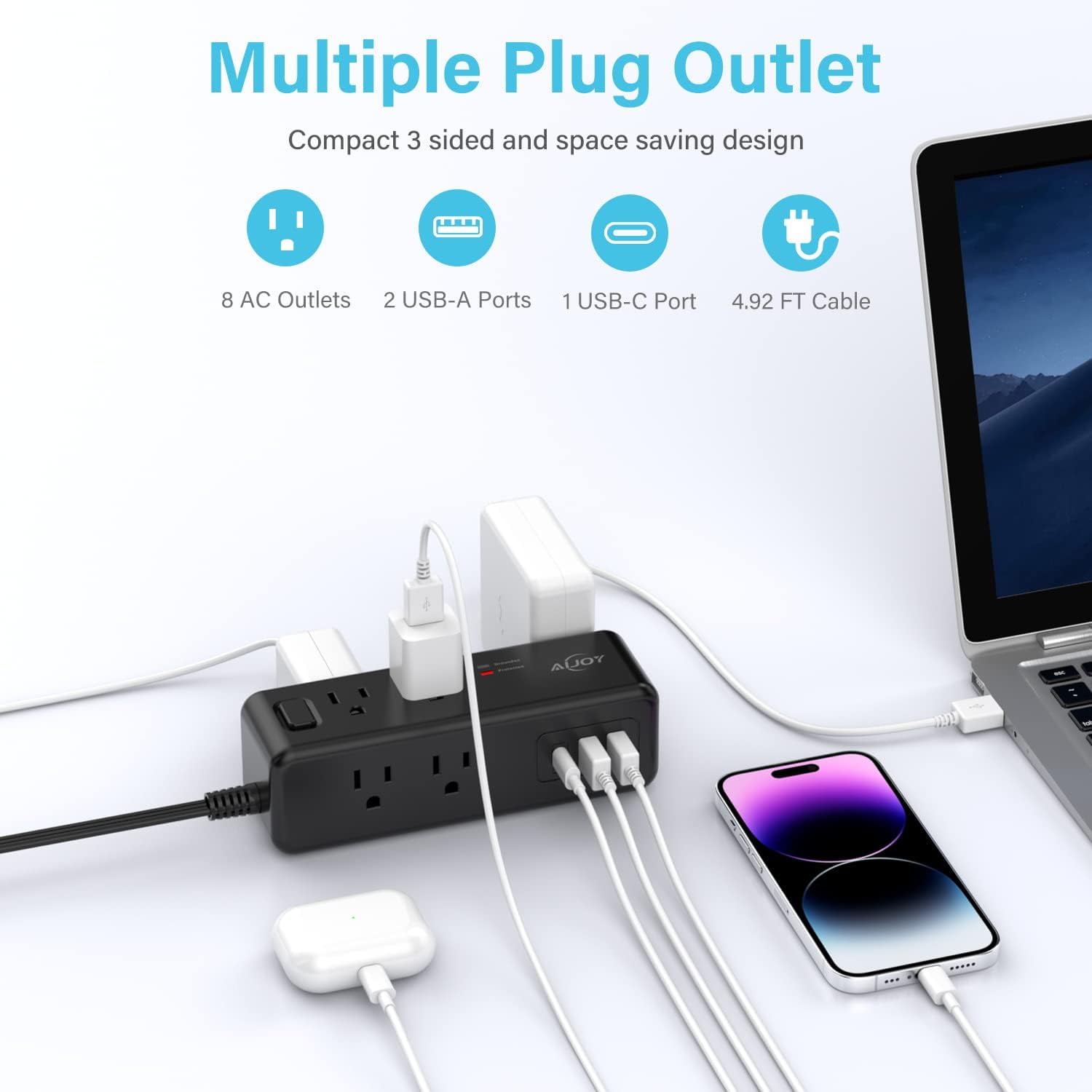 YTGRF-Power Strip Surge Protector, 5 FT Extension Cord with 8 AC Ports ...
