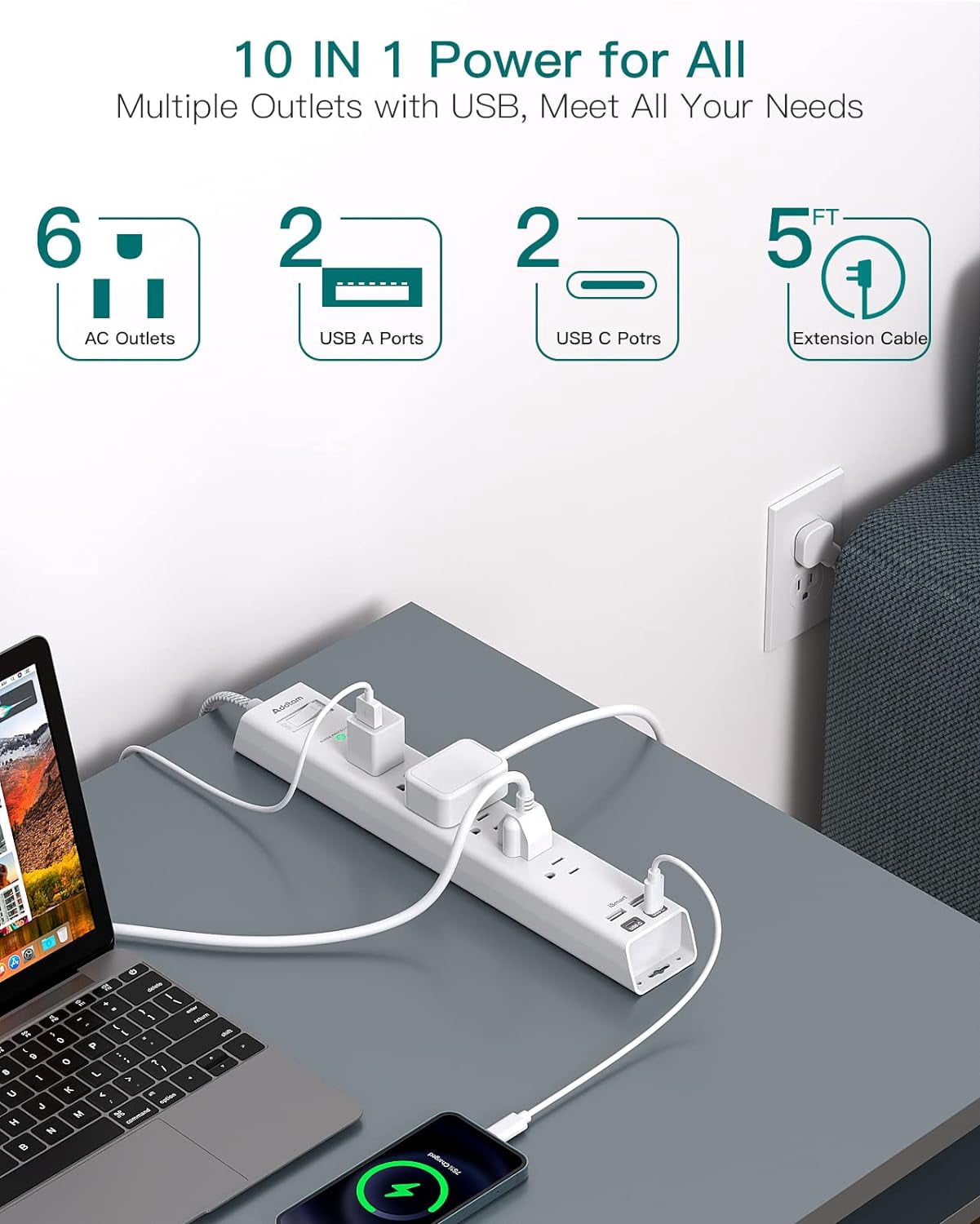 YTGRF-Power Strip Surge Protector with USB C - Flat Plug Extension Cord ...