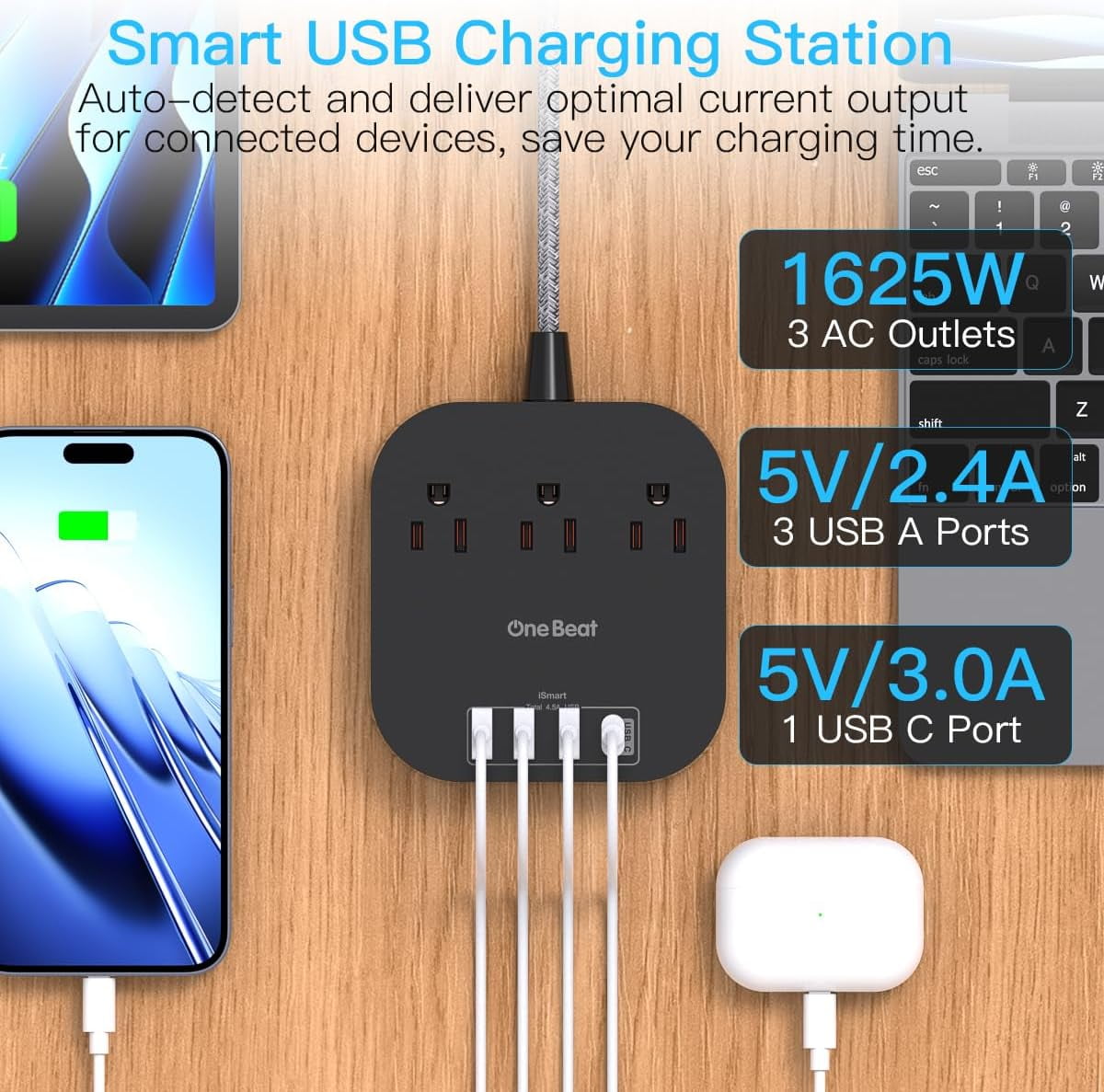 YTGRF-Power Strip with USB C, 3 Outlets 4 USB Ports (22.5W/4.5A ...