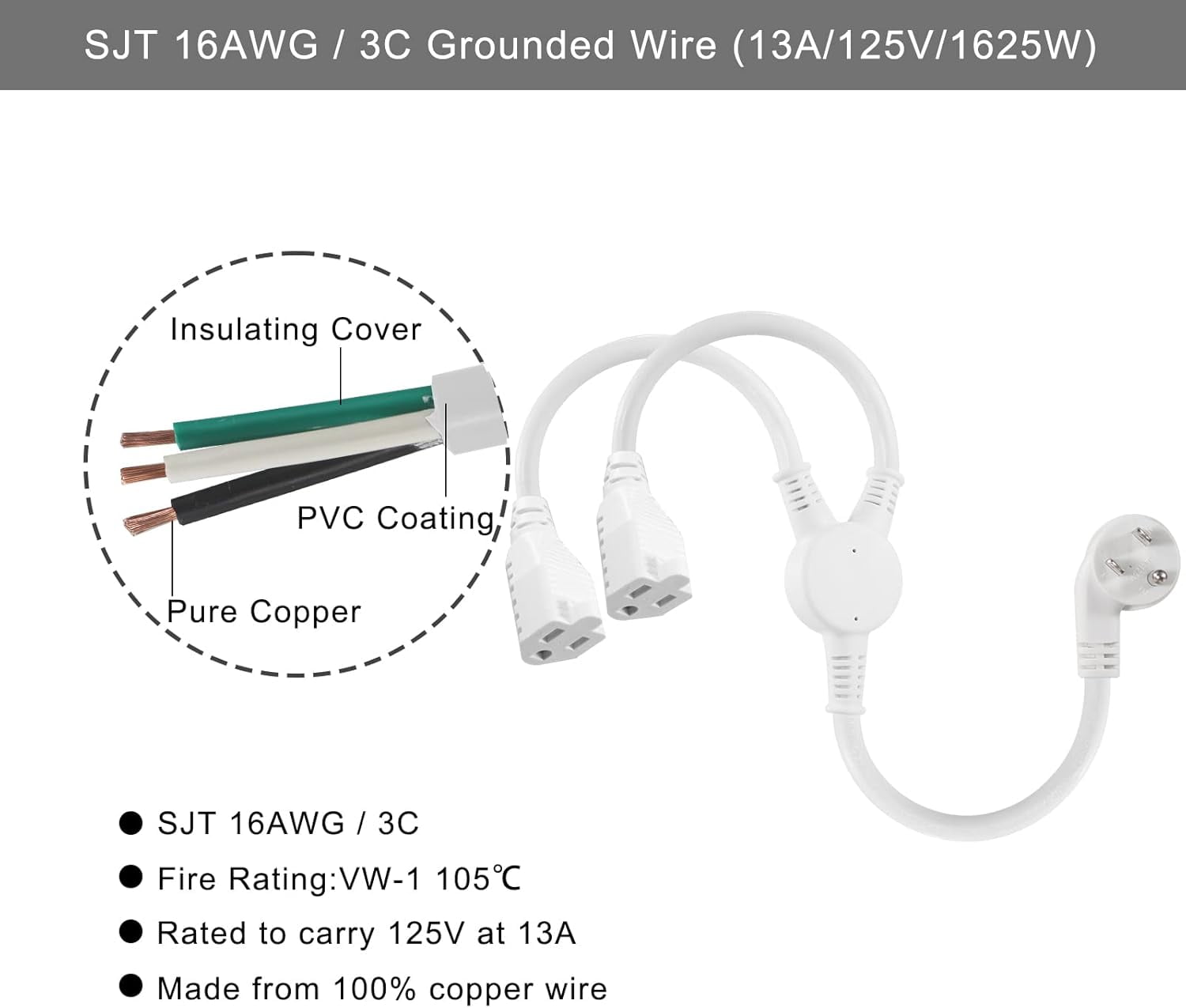 YTGRF-Power Y-Splitter Extension Cord - 1FT 16AWG 2-Outlet Splitter ...