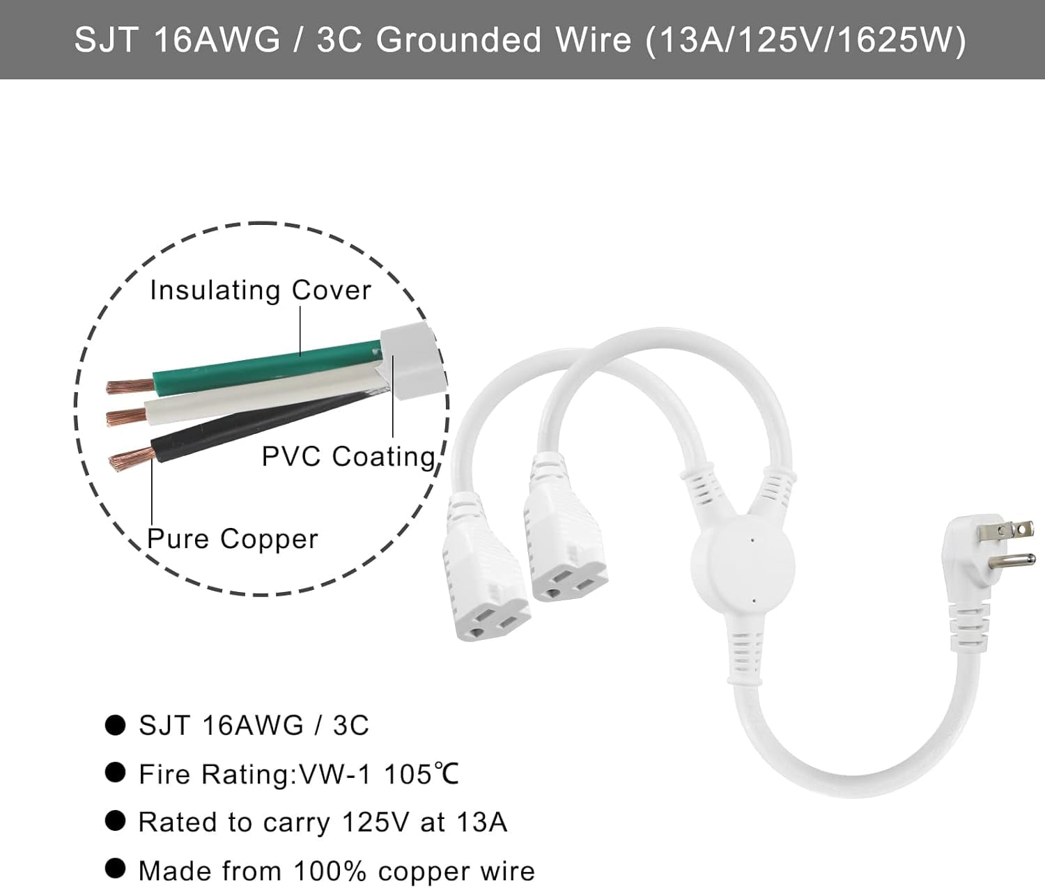 YTGRF-Power Y-Splitter Extension Cord - 1FT 16AWG 2-Outlet Splitter ...